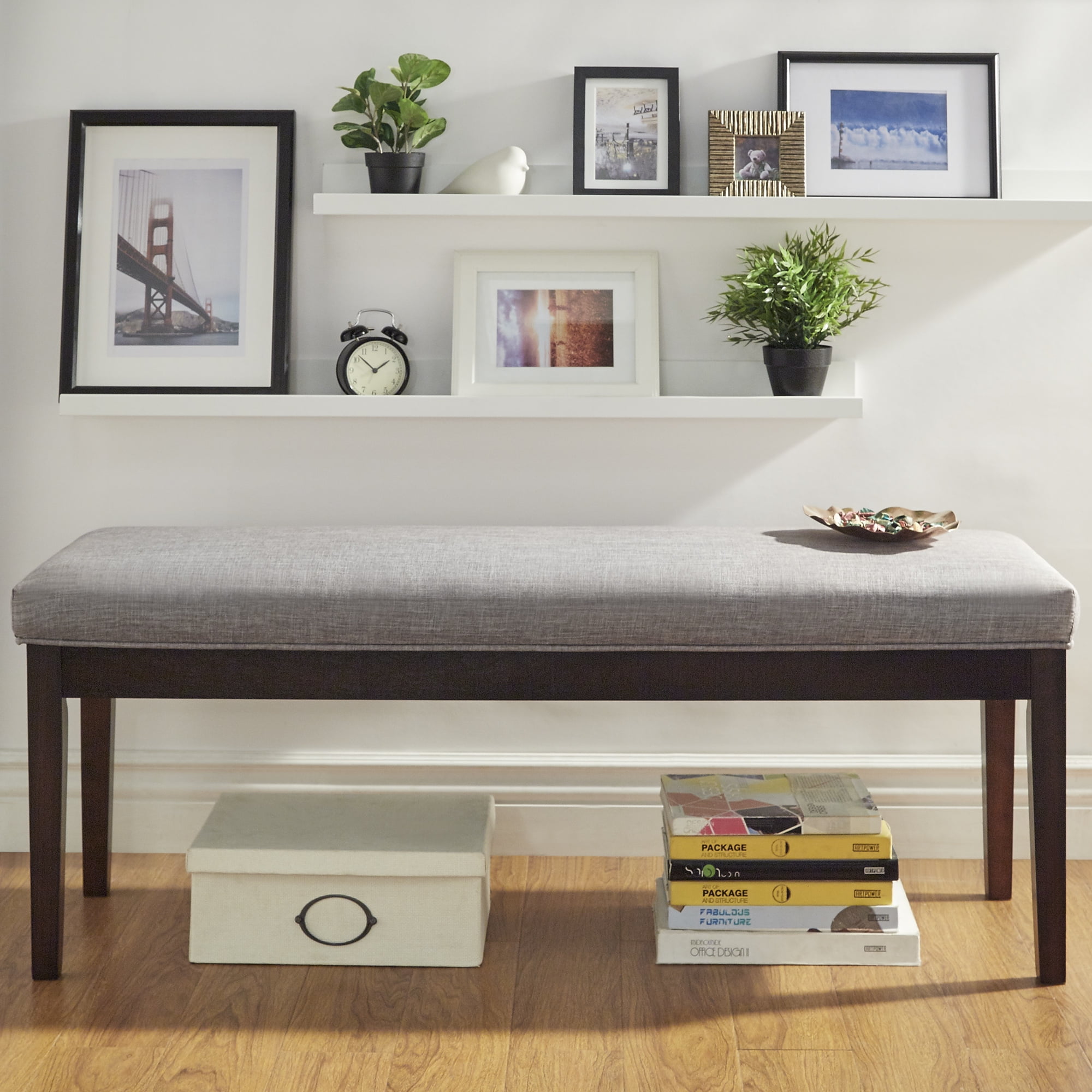 Chelsea Lane Espresso Wood Linen Upholstered Bench, Light Gray ...