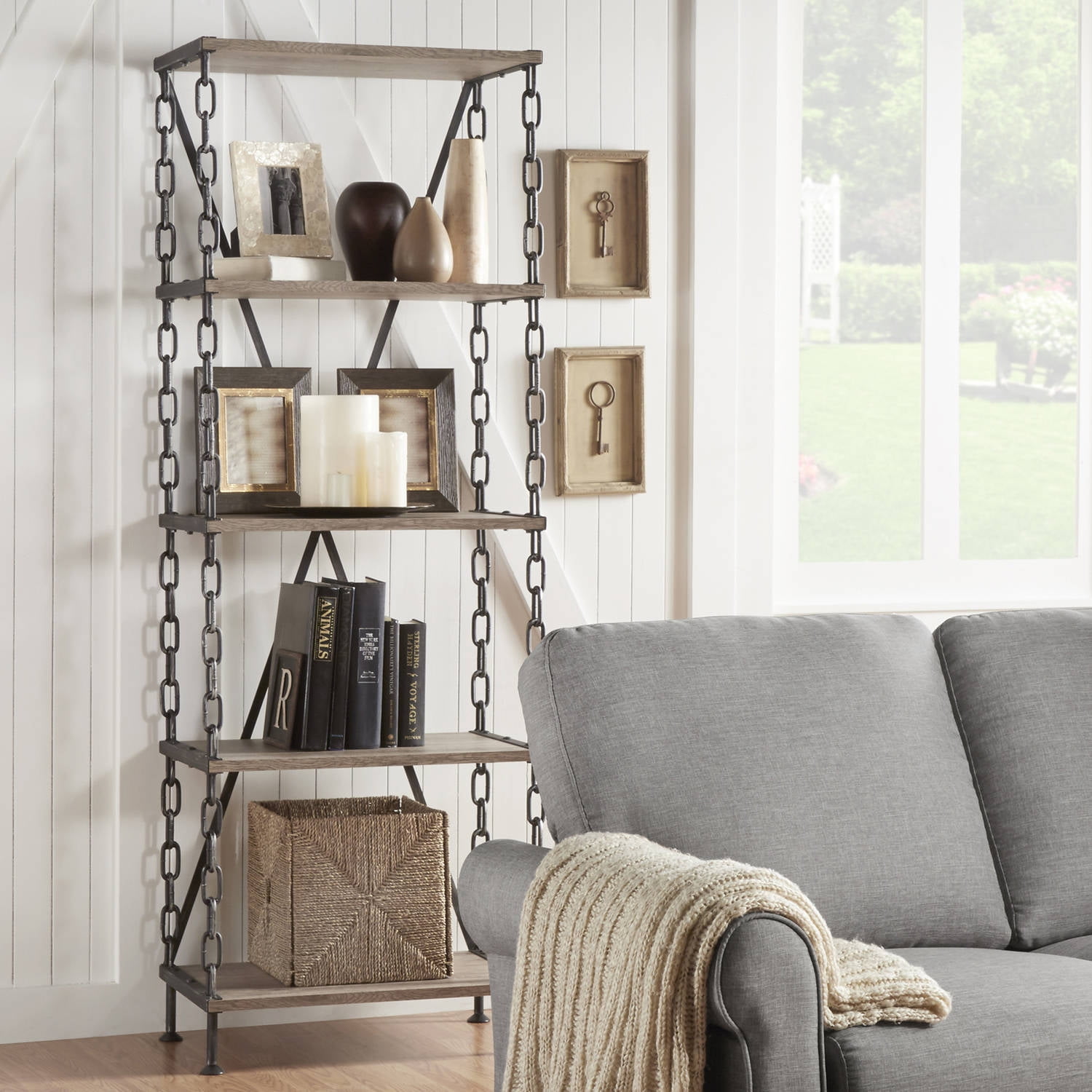Chelsea Lane Industrial Chain Link 26W Tall Bookshelf, Rustic Metal and ...
