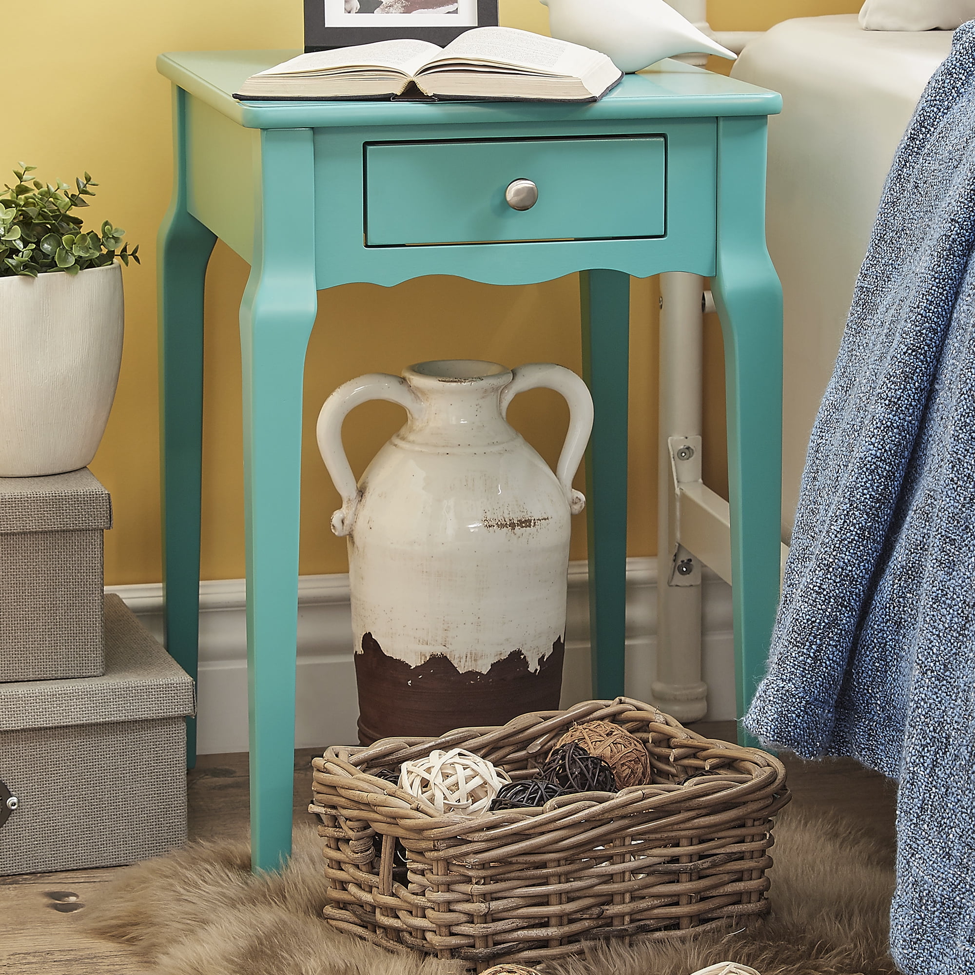Weston Home Riley Wood Nightstand Side Table with Drawer, Marine Green ...