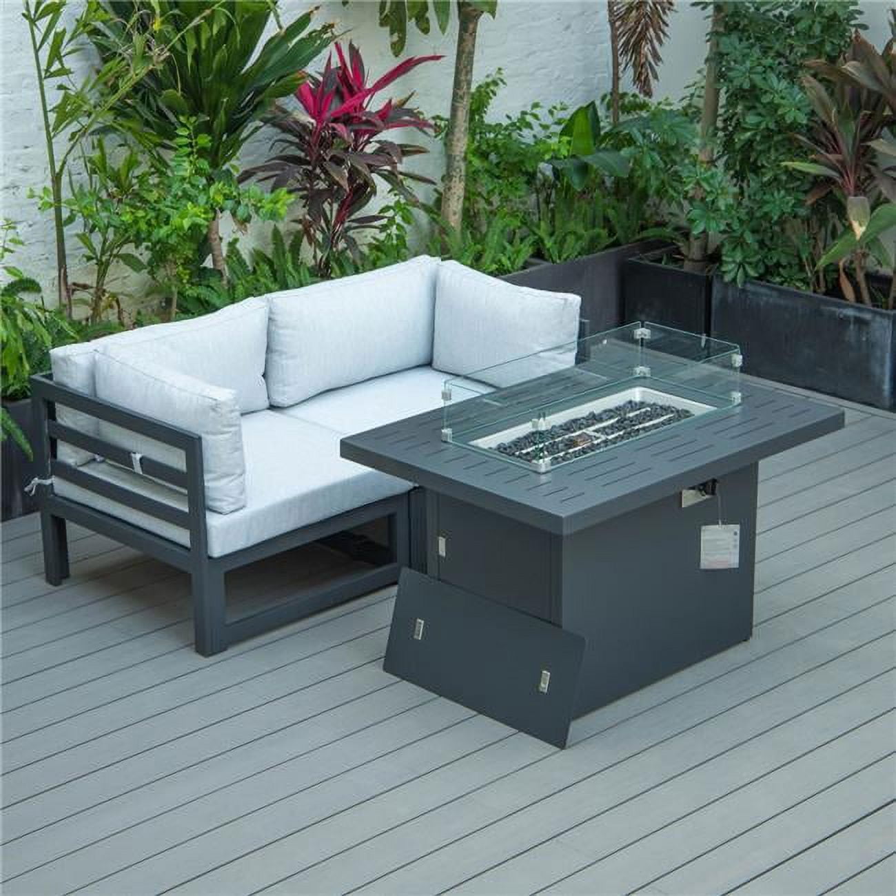 Chelsea Sectional Loveseat & Fire Pit Table Set with Cushions & Black ...