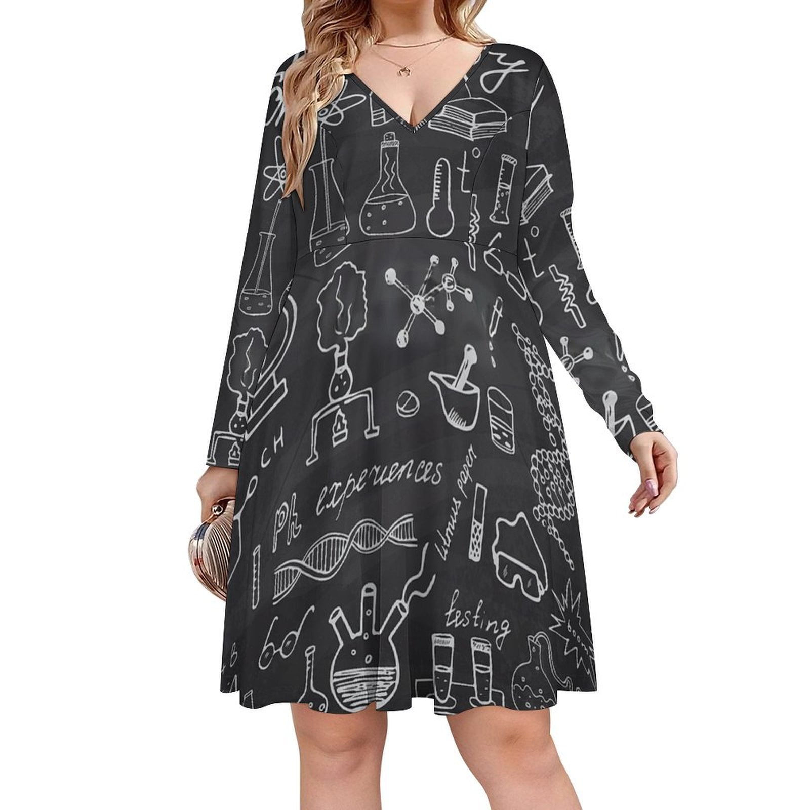Chemistry And Science Elements Doodle Icons Long Sleeve Dresses For ...