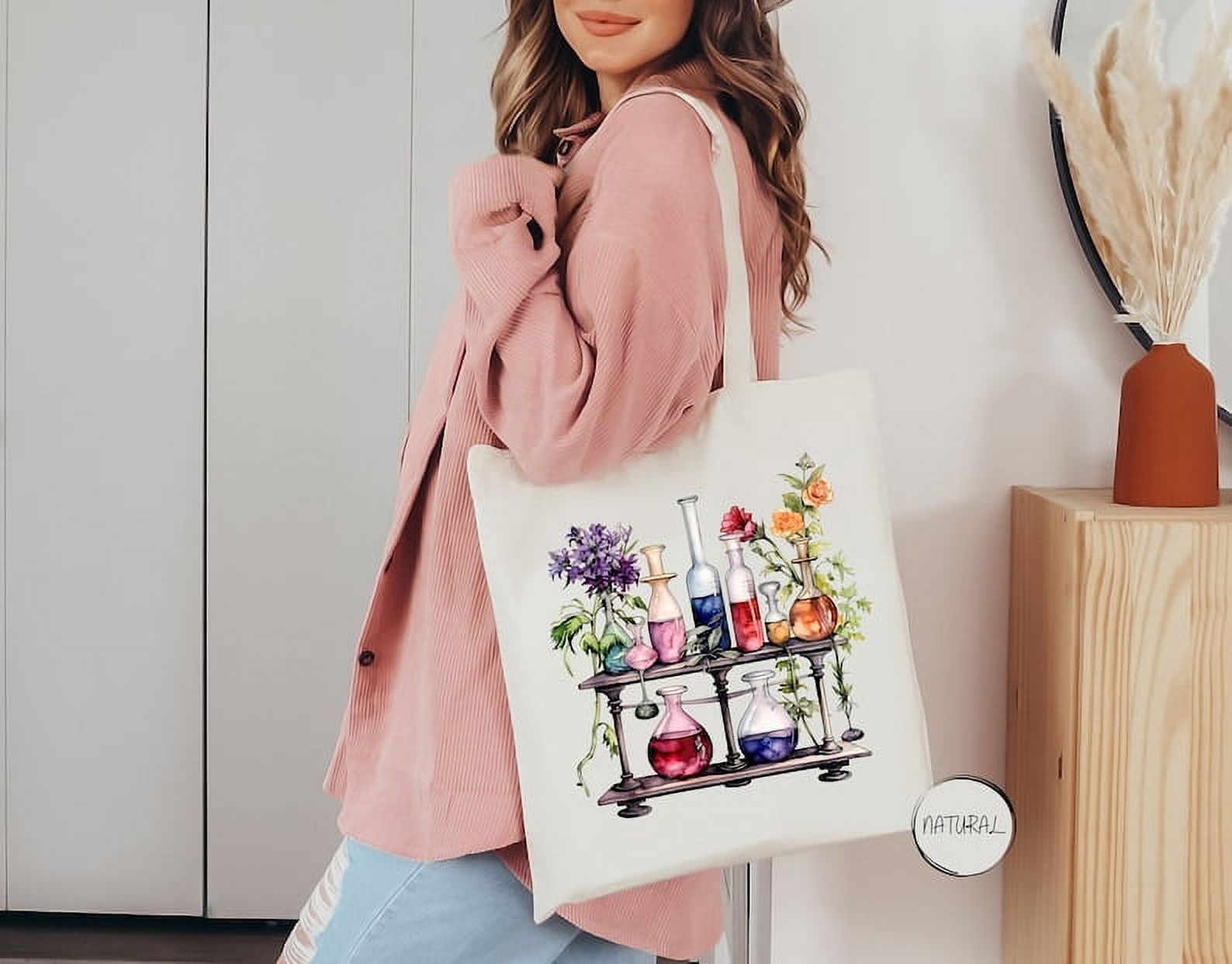 Chemistry Equipment Floral Tote Bag, Beaker Flask Laboratory, Chemistry ...
