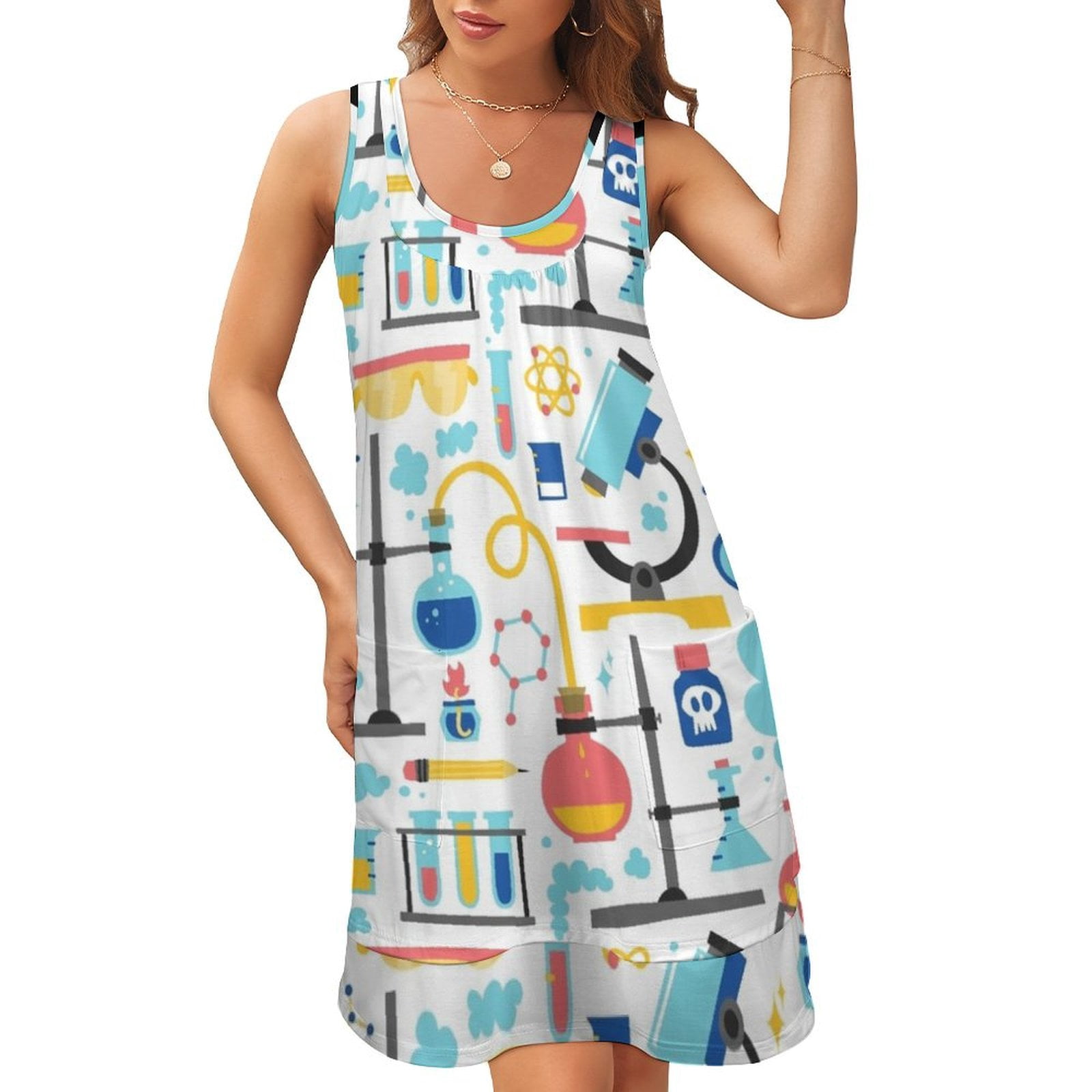 Chemistry lab science equipment pattern Sleeveless U-Neck Fake Two ...