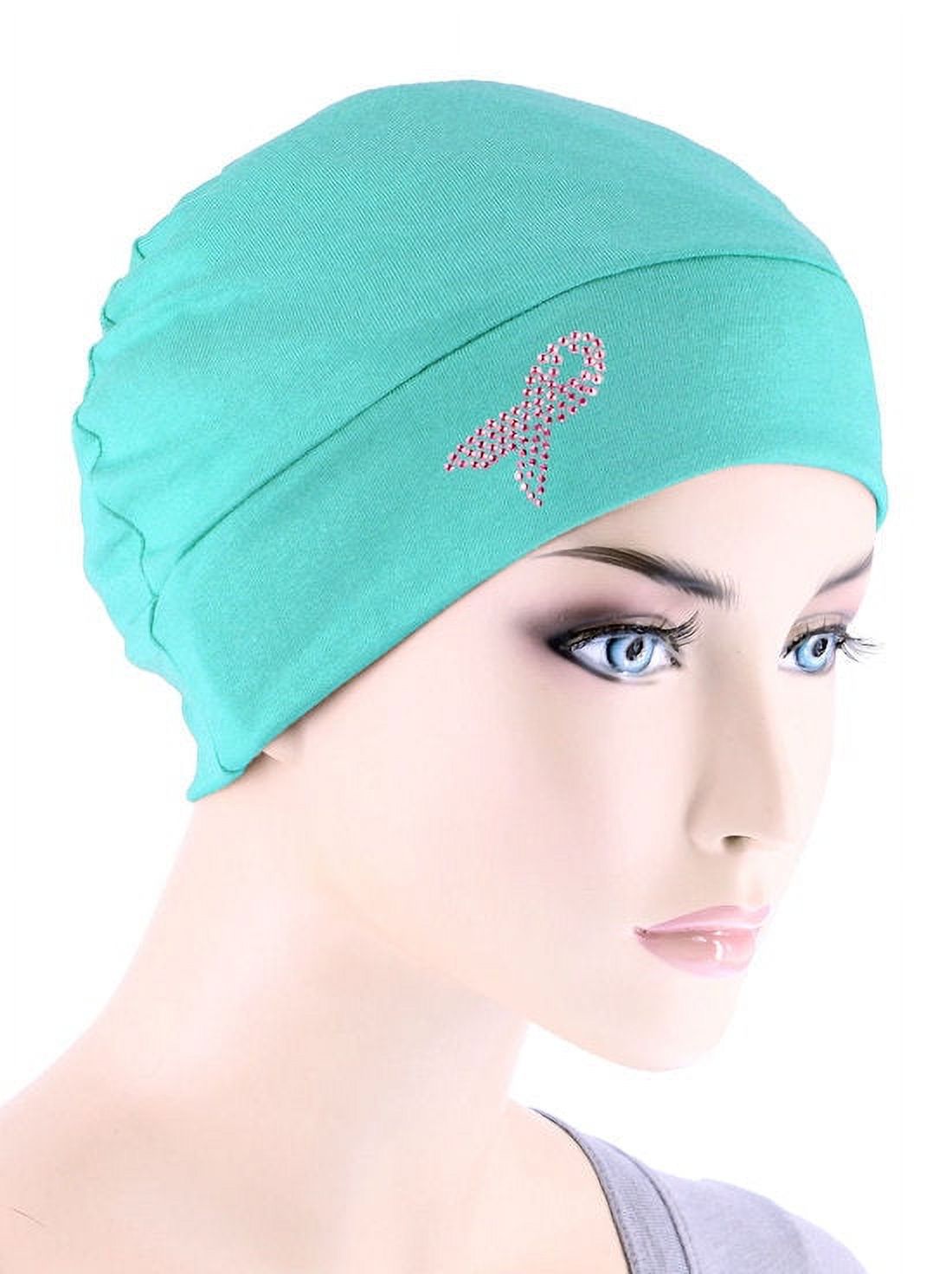 Chemo Cap Pink Ribbon Rhinestud in Aqua Blue - Walmart.com