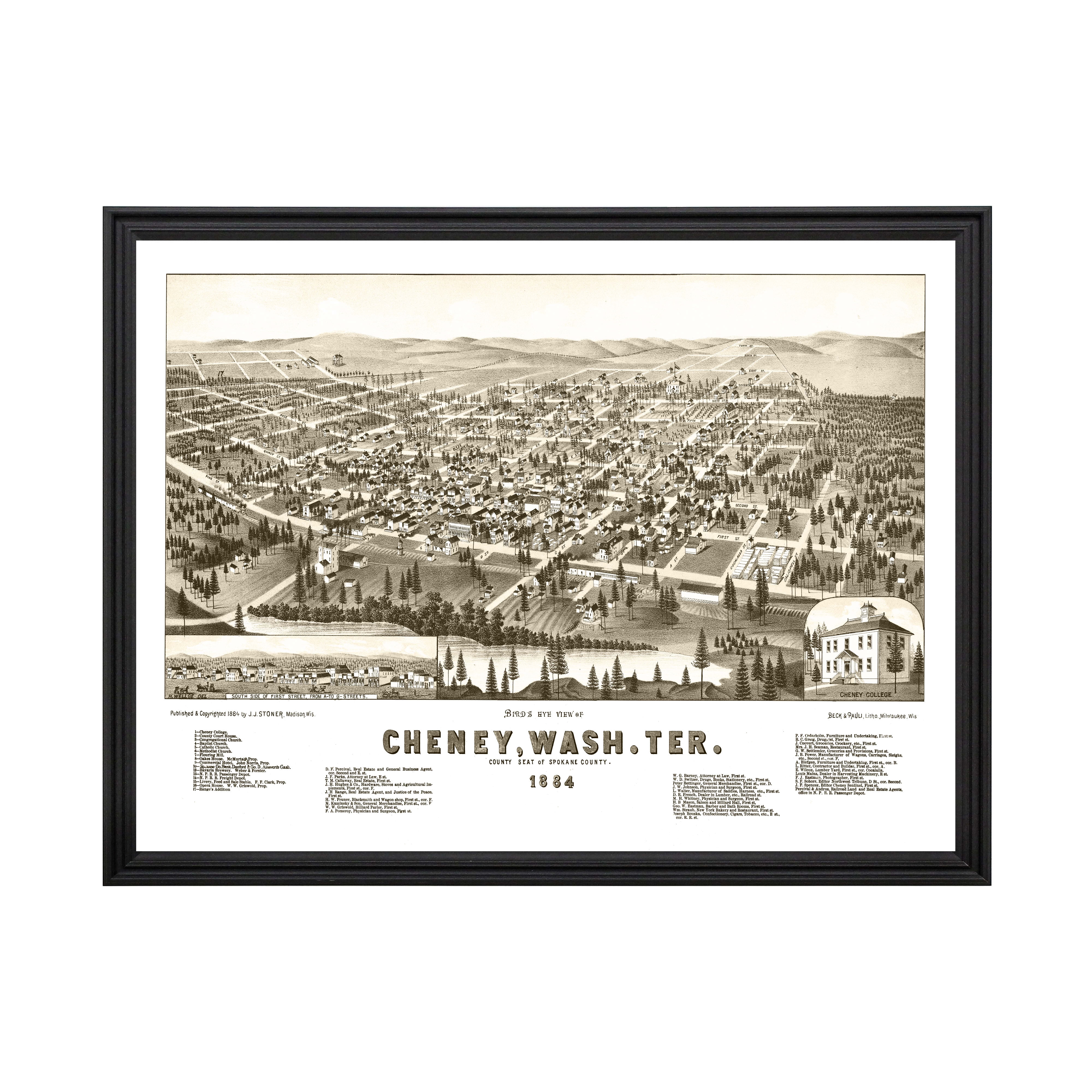 Cheney Art, 1884 Vintage Map of Cheney Washington, WA History Wall ...