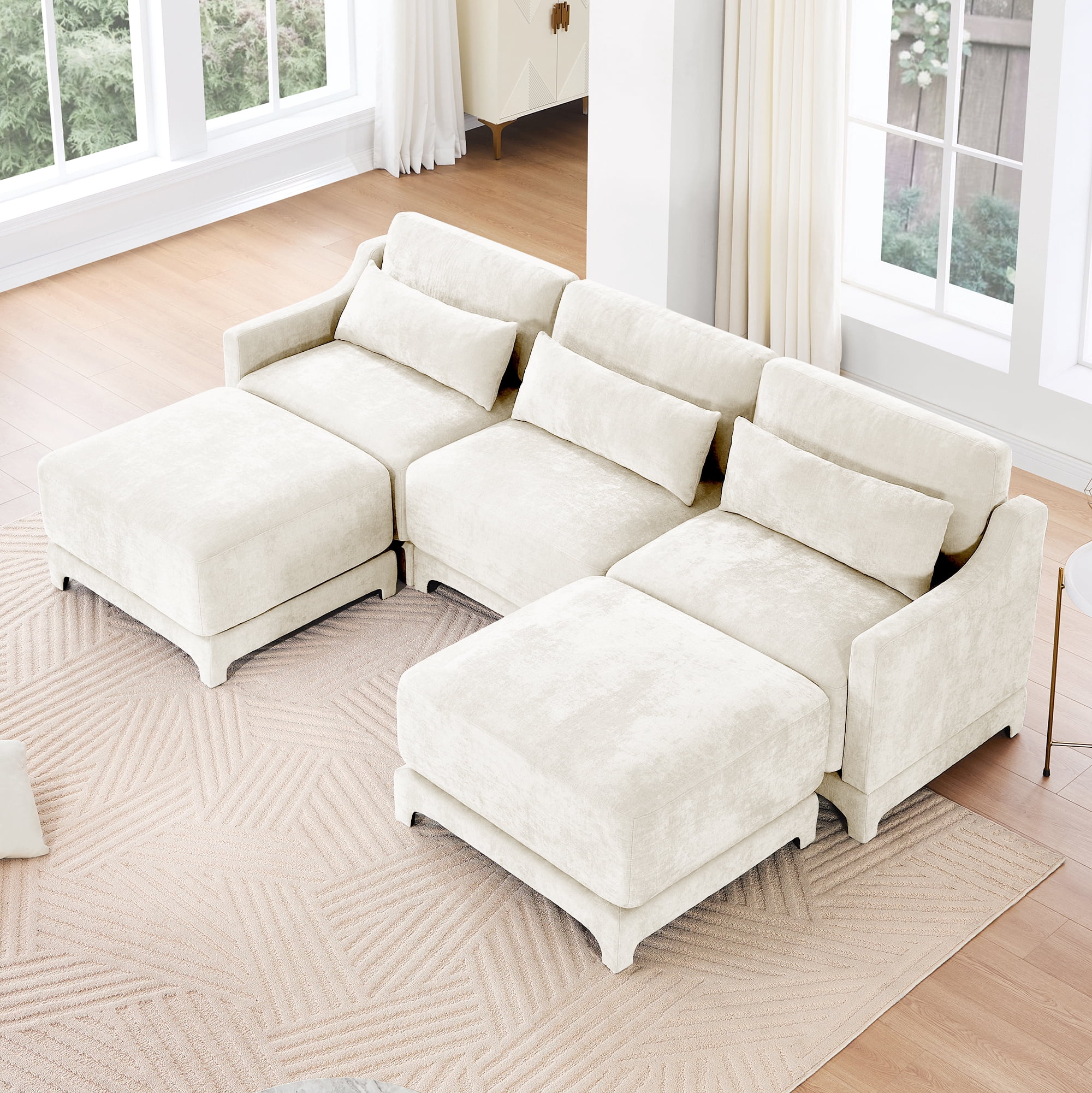 Chenille 3-Seater U-Shaped Sectional Sofa with 2 Ottomans and Lumbar ...