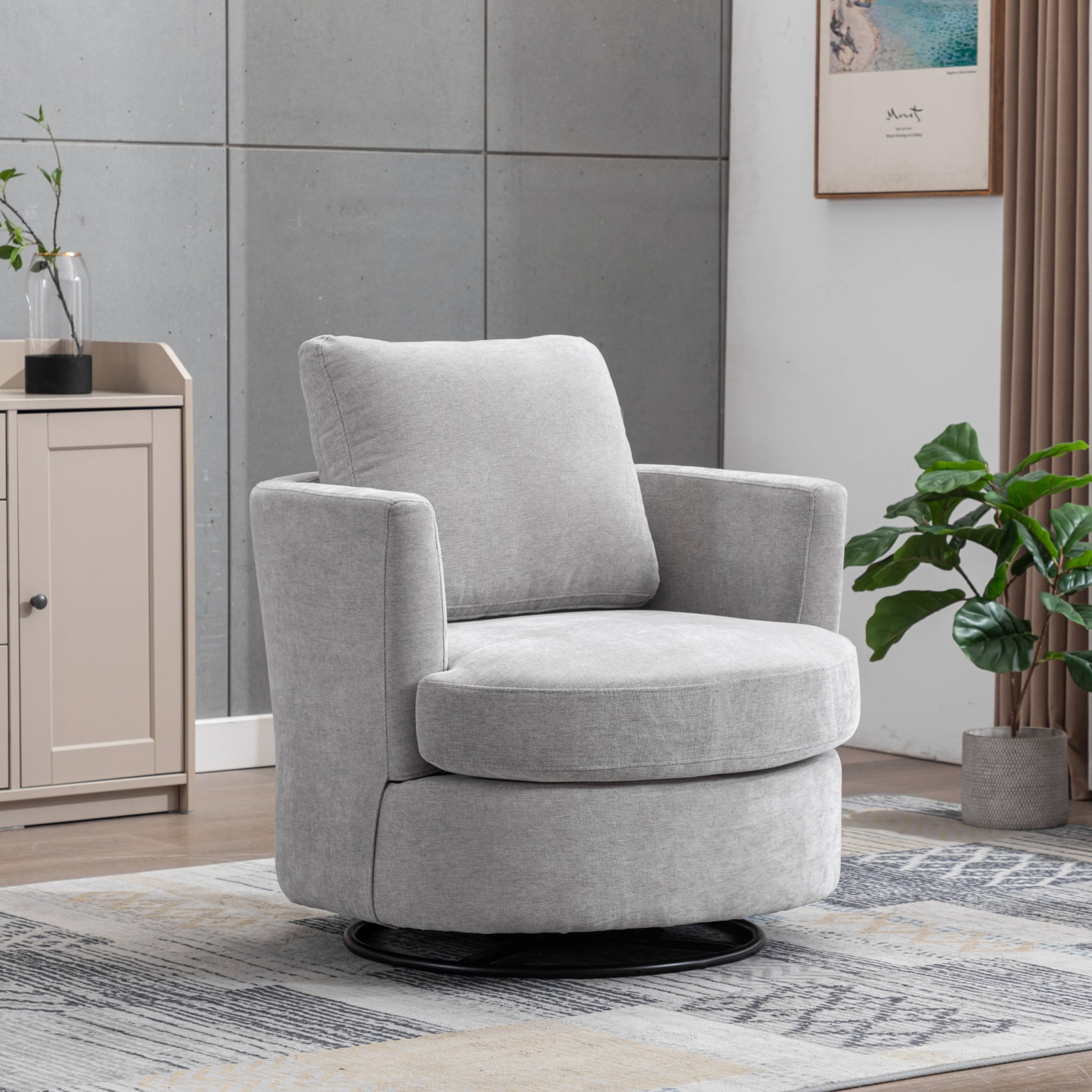 Chenille 360-Degree Swivel Barrel Accent Chair with Pillow, Comfy Round ...