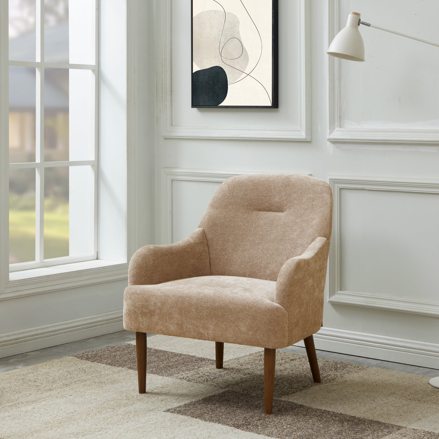 Chenille Armchair with Wood Legs and High Back, Plush Upholstered Chair ...