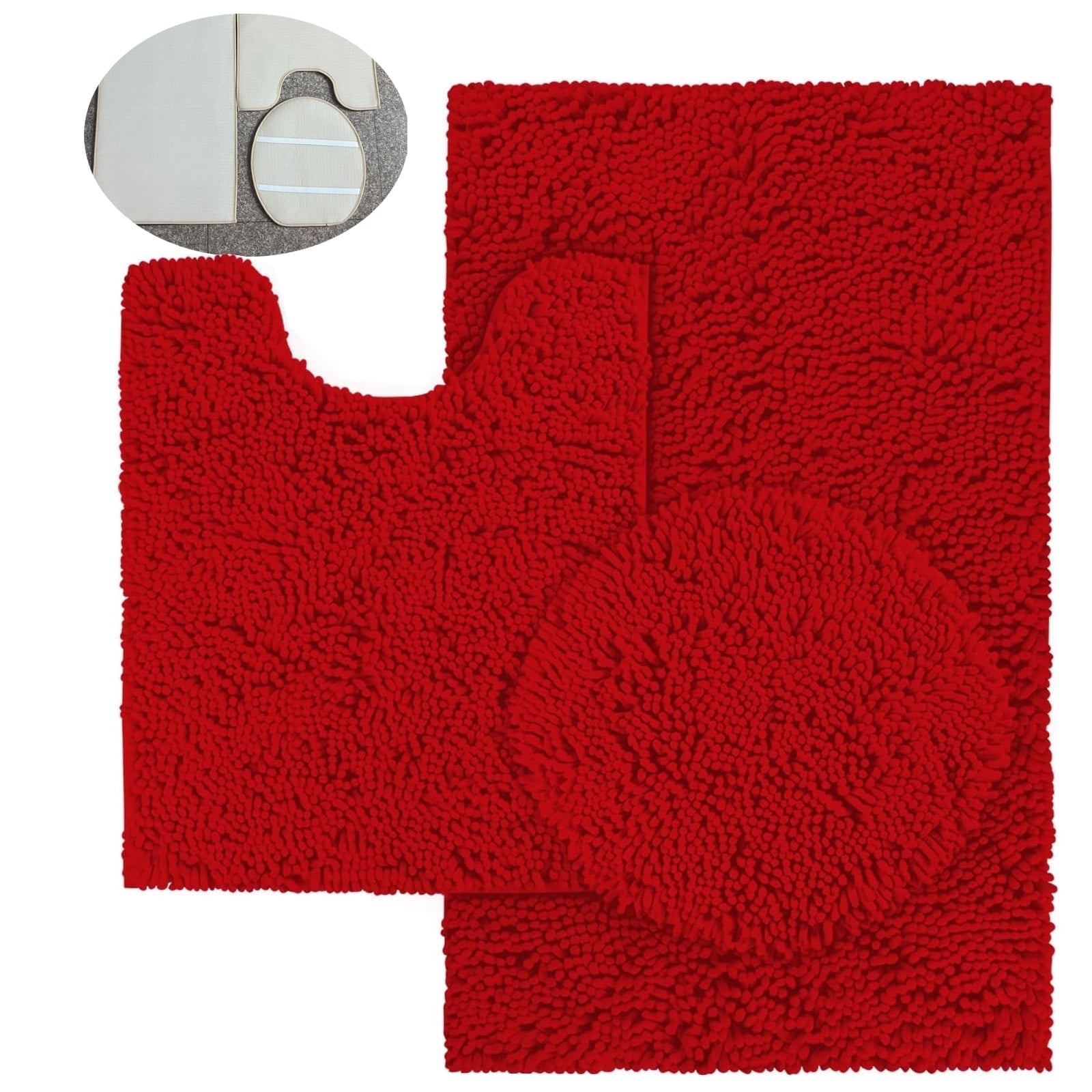 Chenille Bath Mat Set – 3-Piece Plush Bathroom Rugs with U-Shaped ...