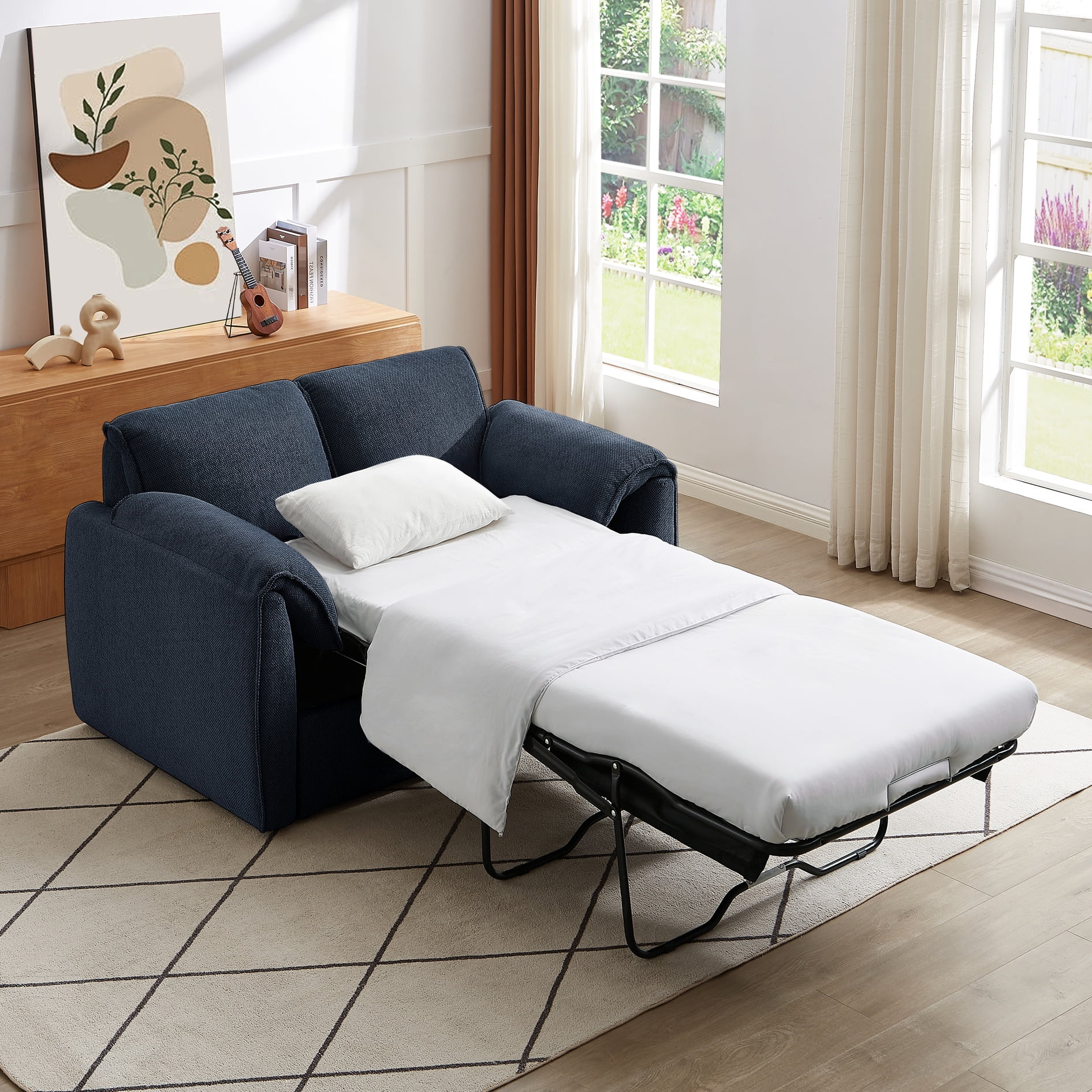 Chenille Convertible Bed - St And For Living & Bedroom, Blue, 2 Seat, Textile, Robust Metal ...