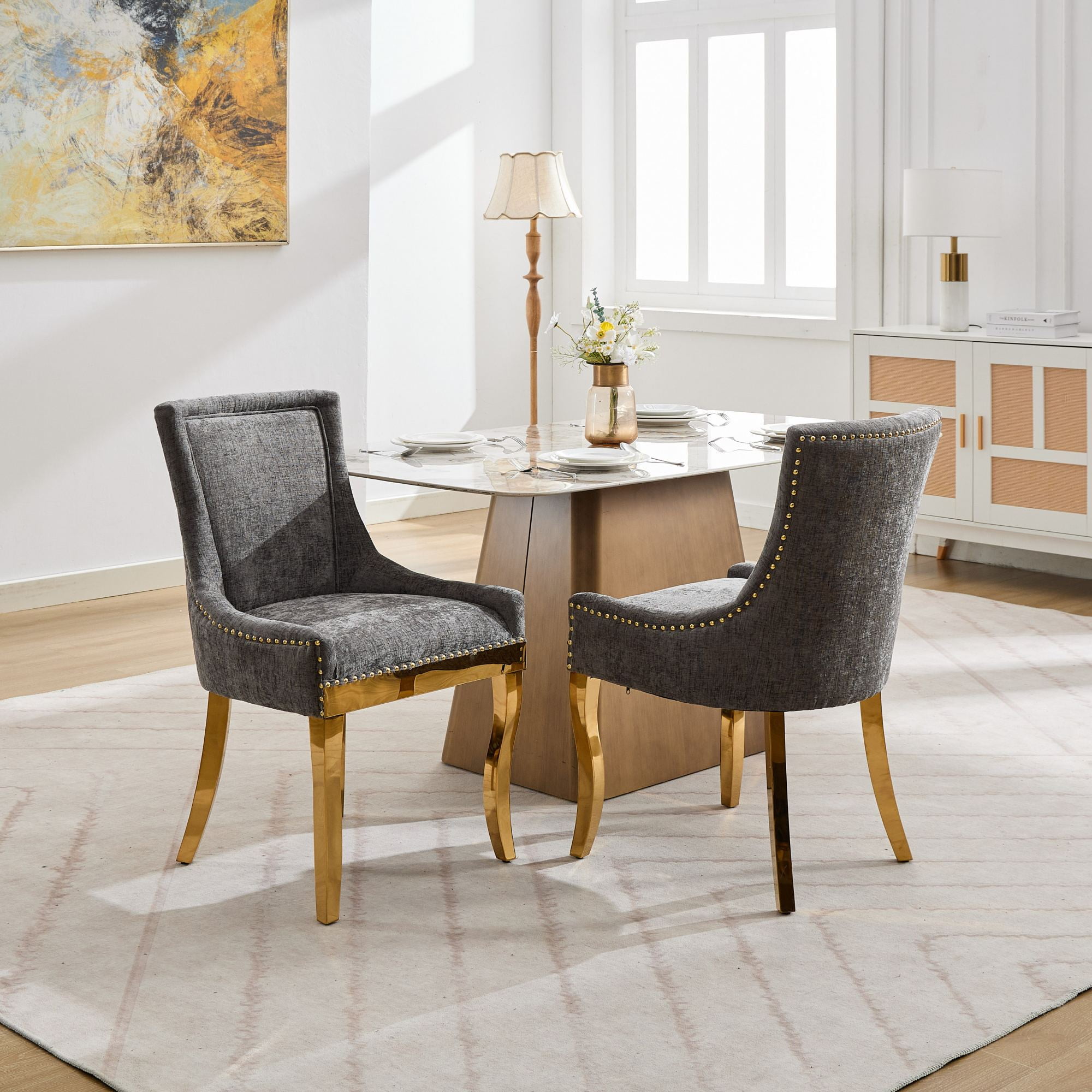 Chenille Dining Chairs Set of 2, Modern Style with Curved Gold - Plated ...