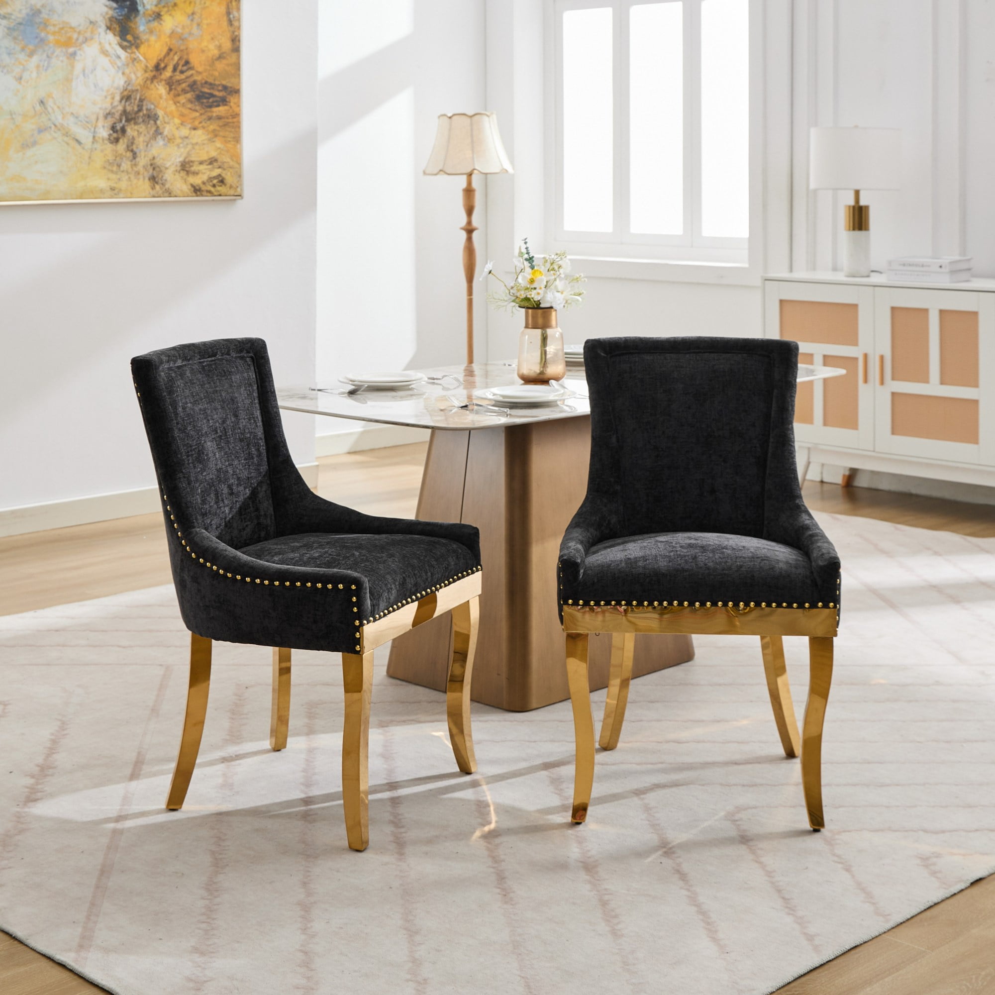 Chenille Dining Chairs Set of 2, Modern Style with Curved Gold - Plated ...