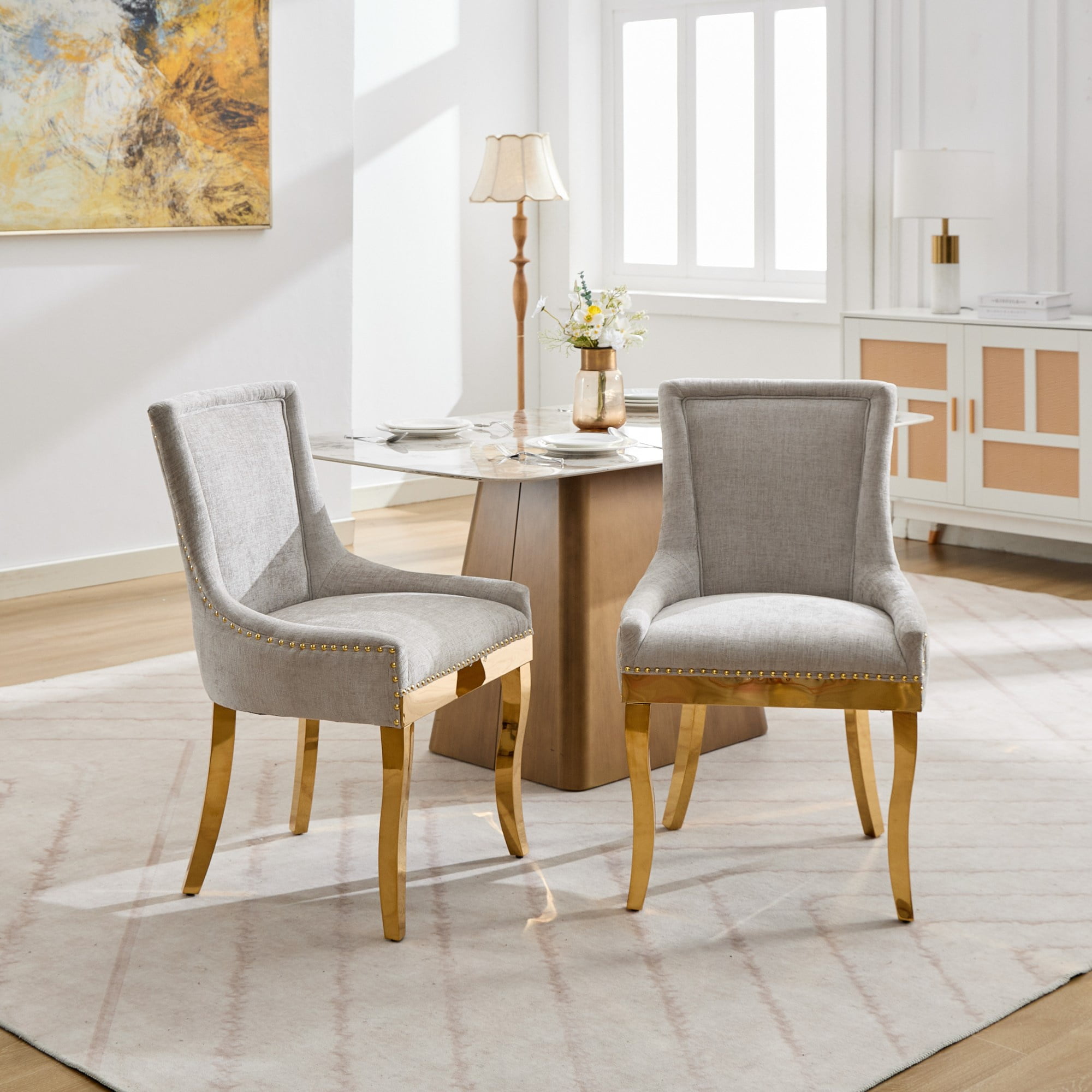 Chenille Dining Chairs Set of 2, Modern Style with Curved Gold - Plated ...