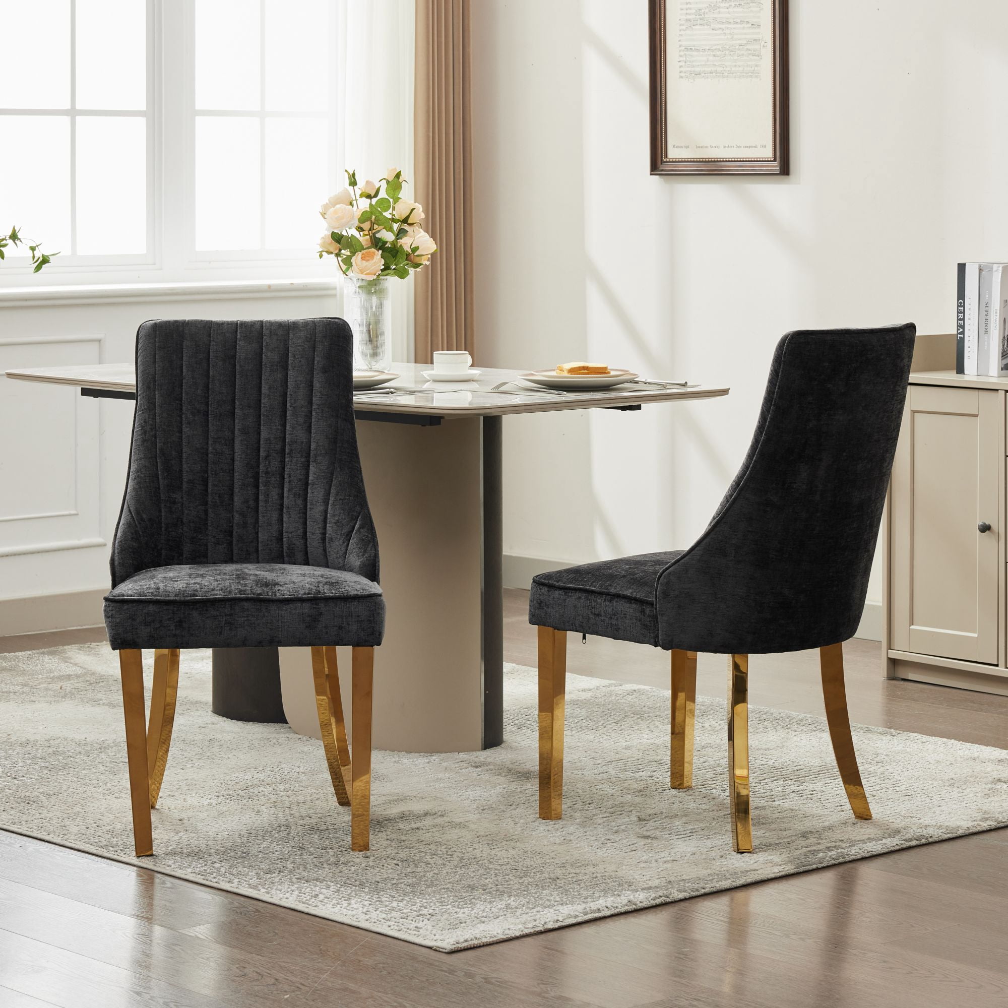 Chenille Dining Chairs Set of 2 Black Upholstered Kitchen Chairs with ...