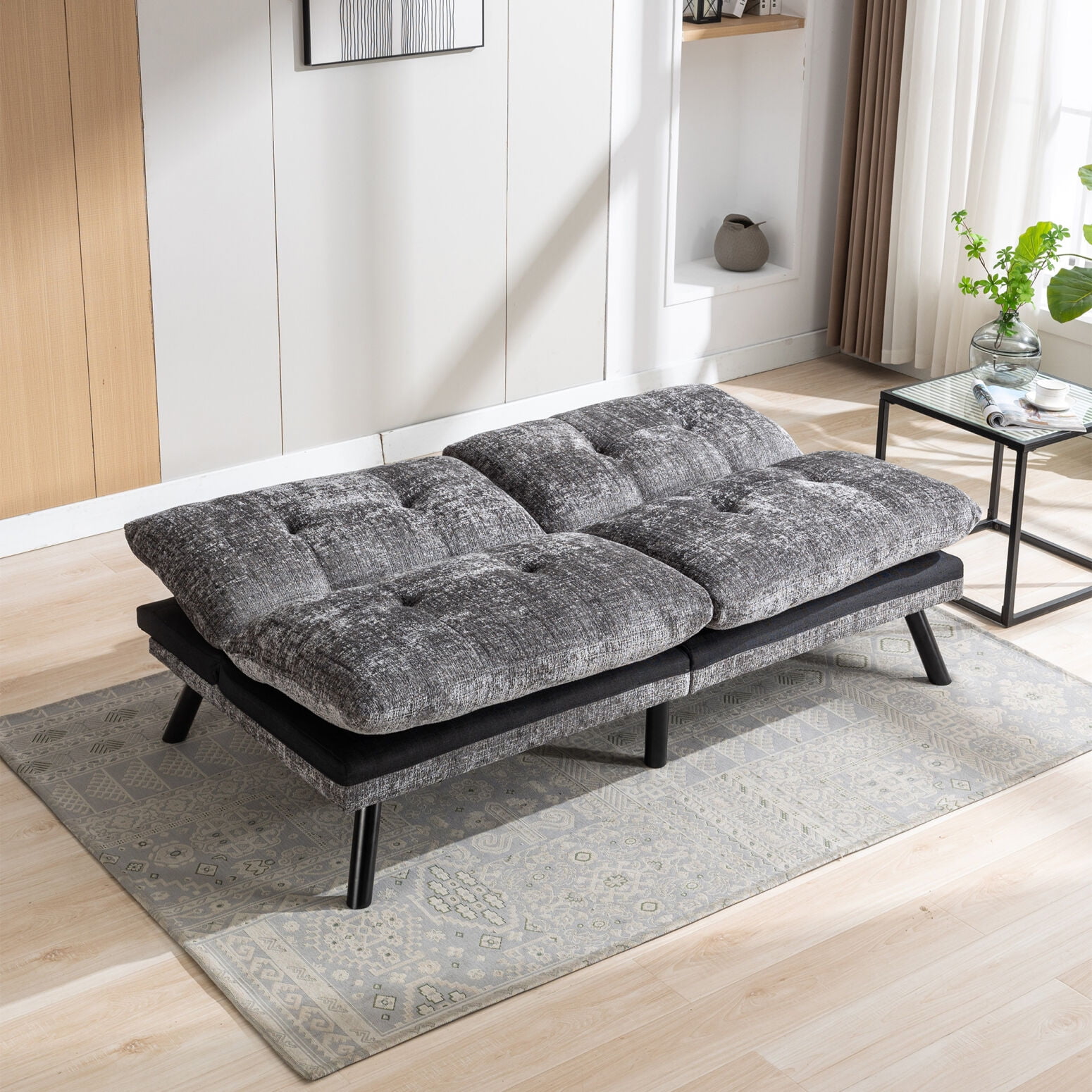 Chenille Fabric Futon Sofa Bed, Modern Convertible Sleeper Sofa ...