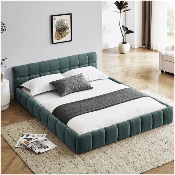 Chenille Fabric Queen Platform Bed with Upholstered Headboard, Modern ...