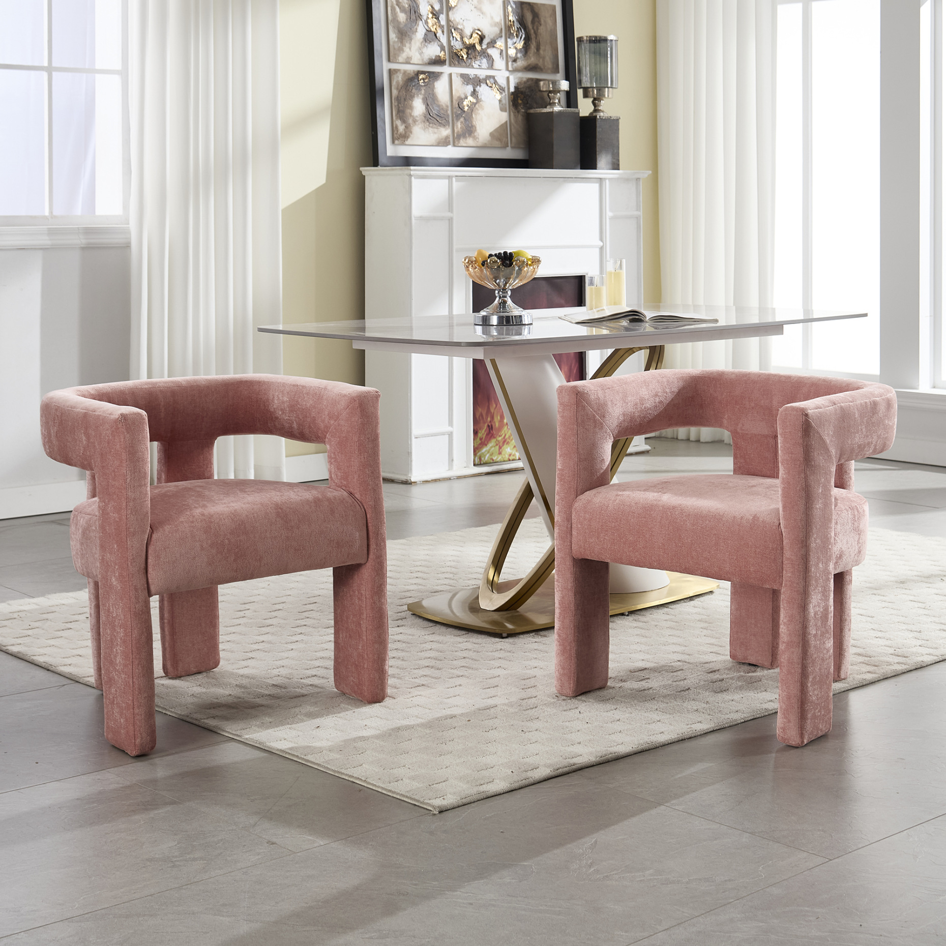 Chenille Fabric Upholstered Accent Chairs, Barrel Dining Chairs with ...