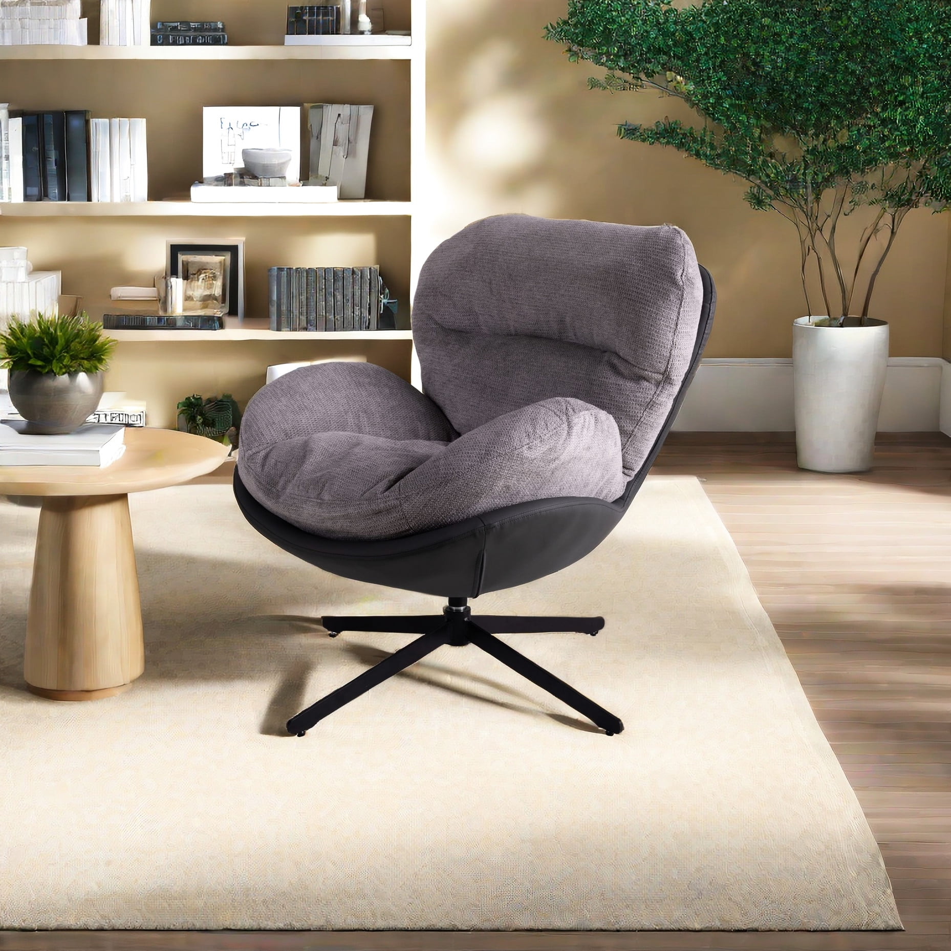 Chenille & Faux Leather Swivel Chair, Gray, 360° Rotation, Comfortable ...