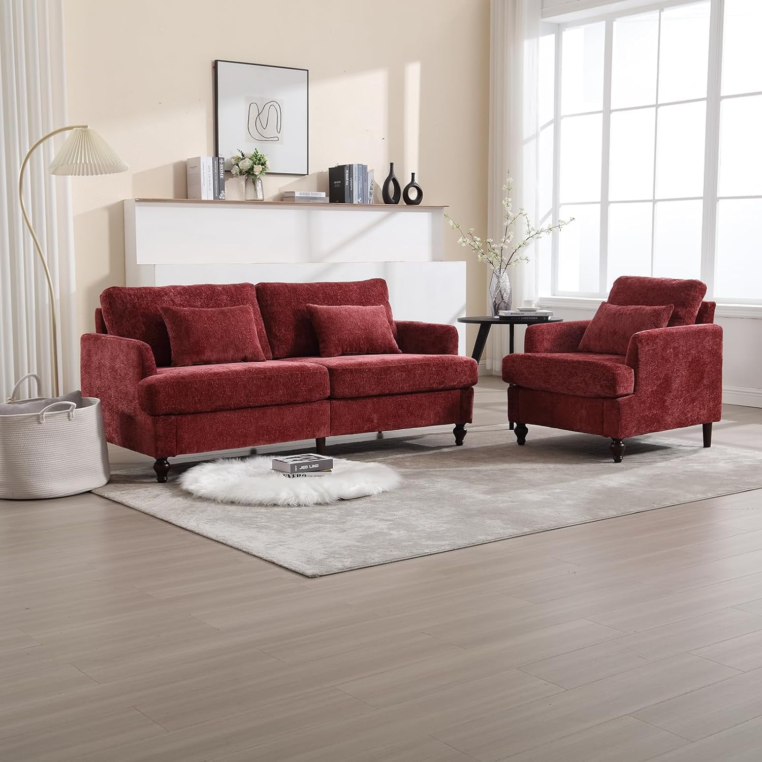 Chenille Loveseat Sofa and Chair Set, Upholstered Sofa Couch with Soft ...