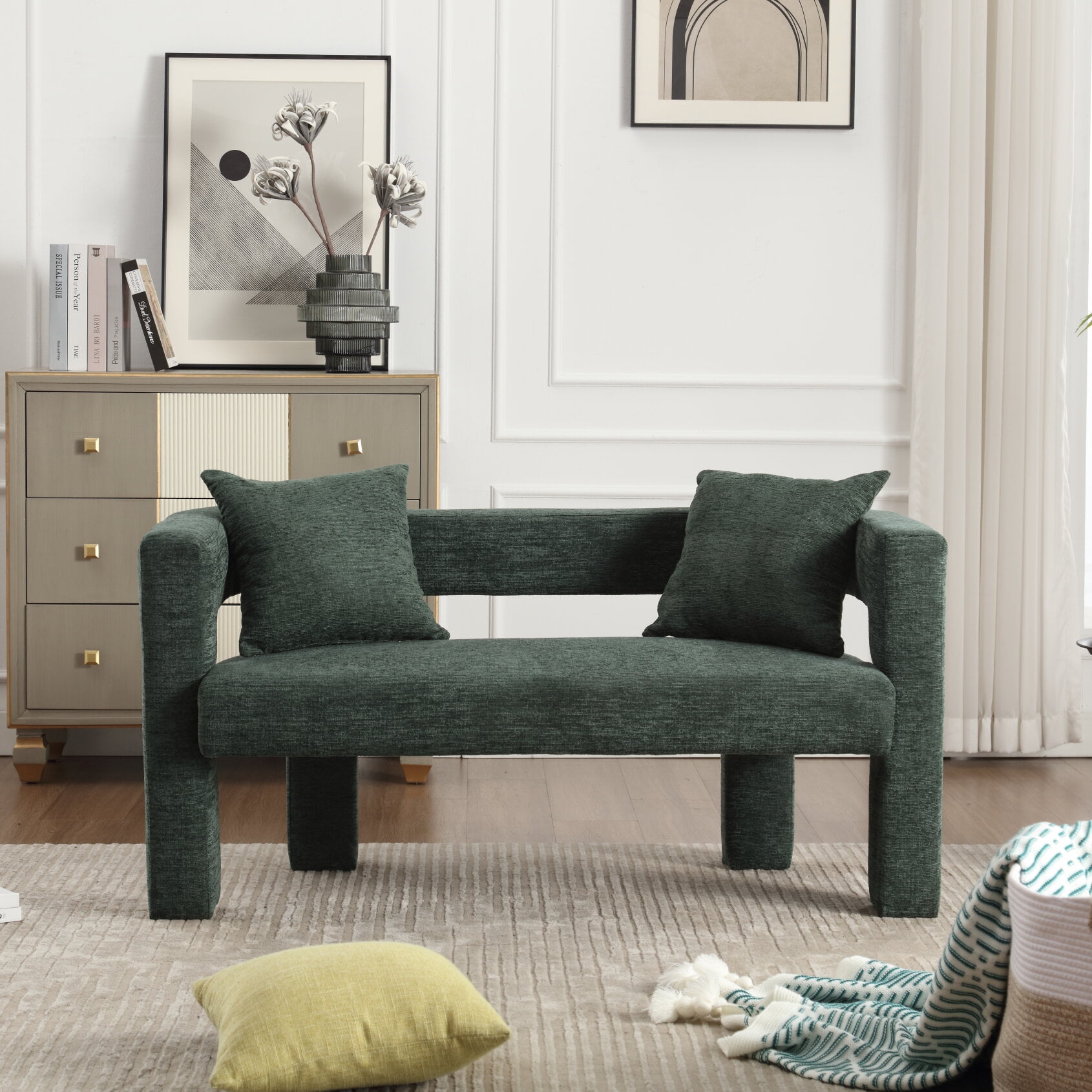 Chenille Loveseat Sofa, Upholstered 2-Seater Sofa with Curved Edges ...