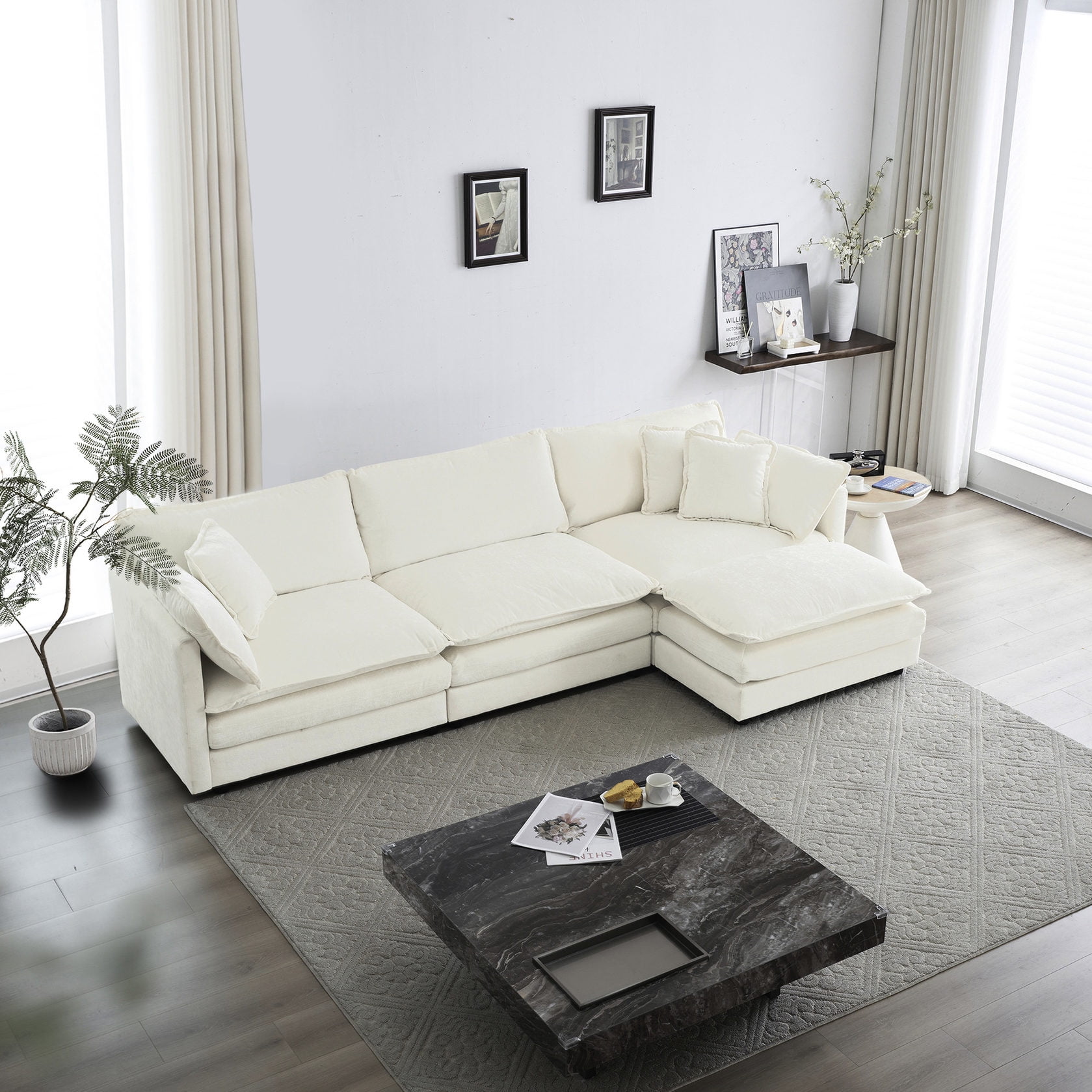 Chenille Modular Sofa with Ottoman / Supportive Backrest for Long ...