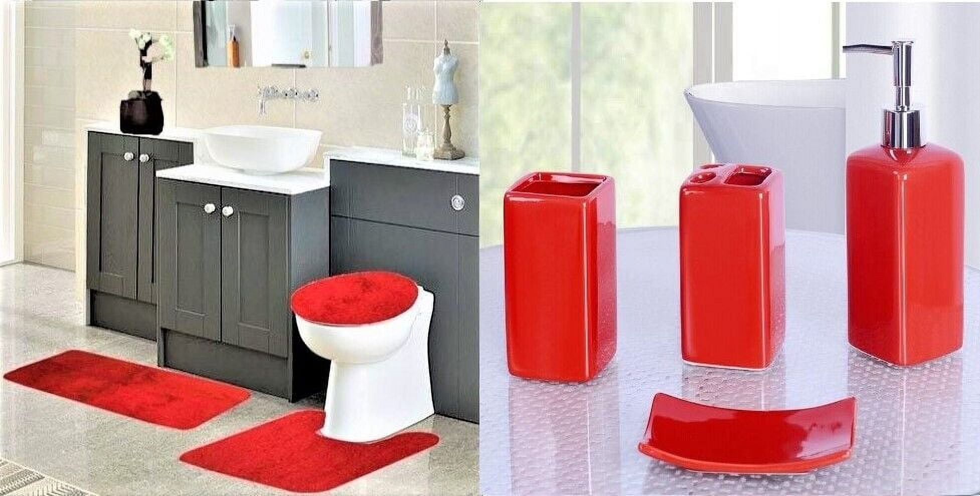 Chenille 3pc Non-Slip Bathroom Rug Set in Red with Matching 4pc Ceramic ...