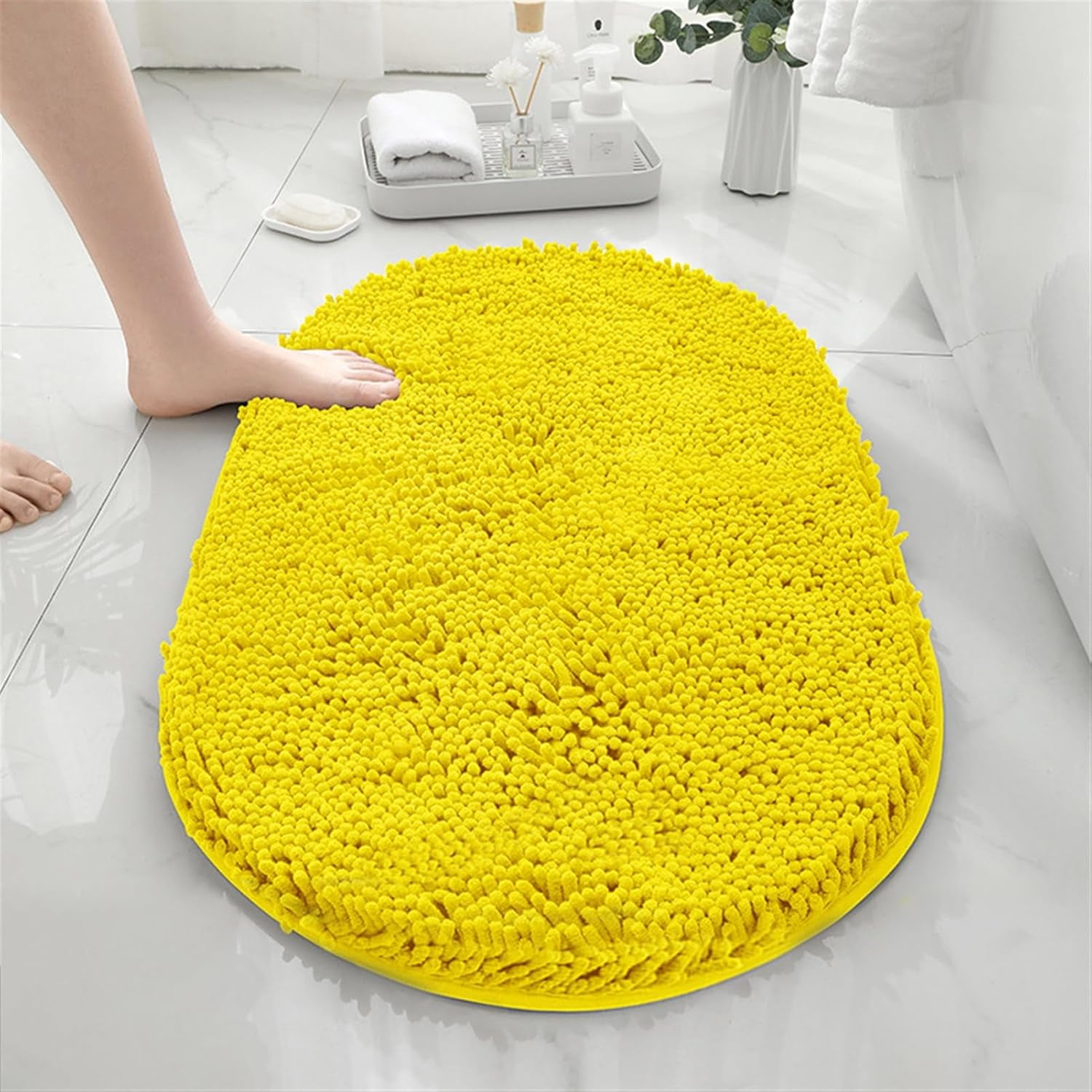 Chenille Oval Bathroom Rug, Non Slip Water Absorbent Bath Mat, Washable ...