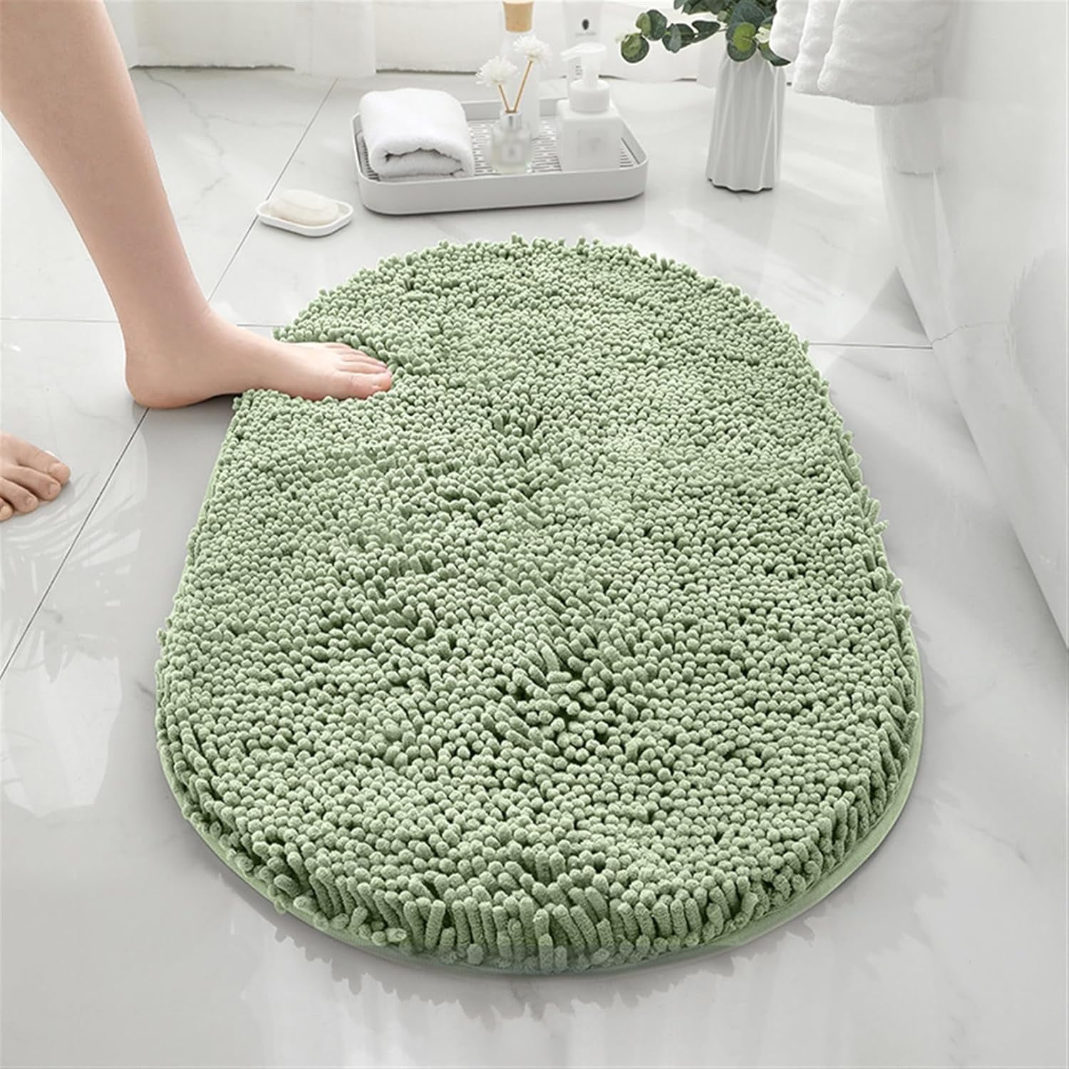 Chenille Oval Bathroom Rug, Non Slip Water Absorbent Bath Mat, Washable ...