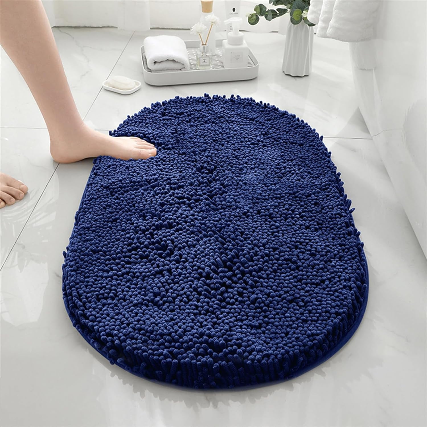 Chenille Oval Bathroom Rug, Non Slip Water Absorbent Bath Mat, Washable ...