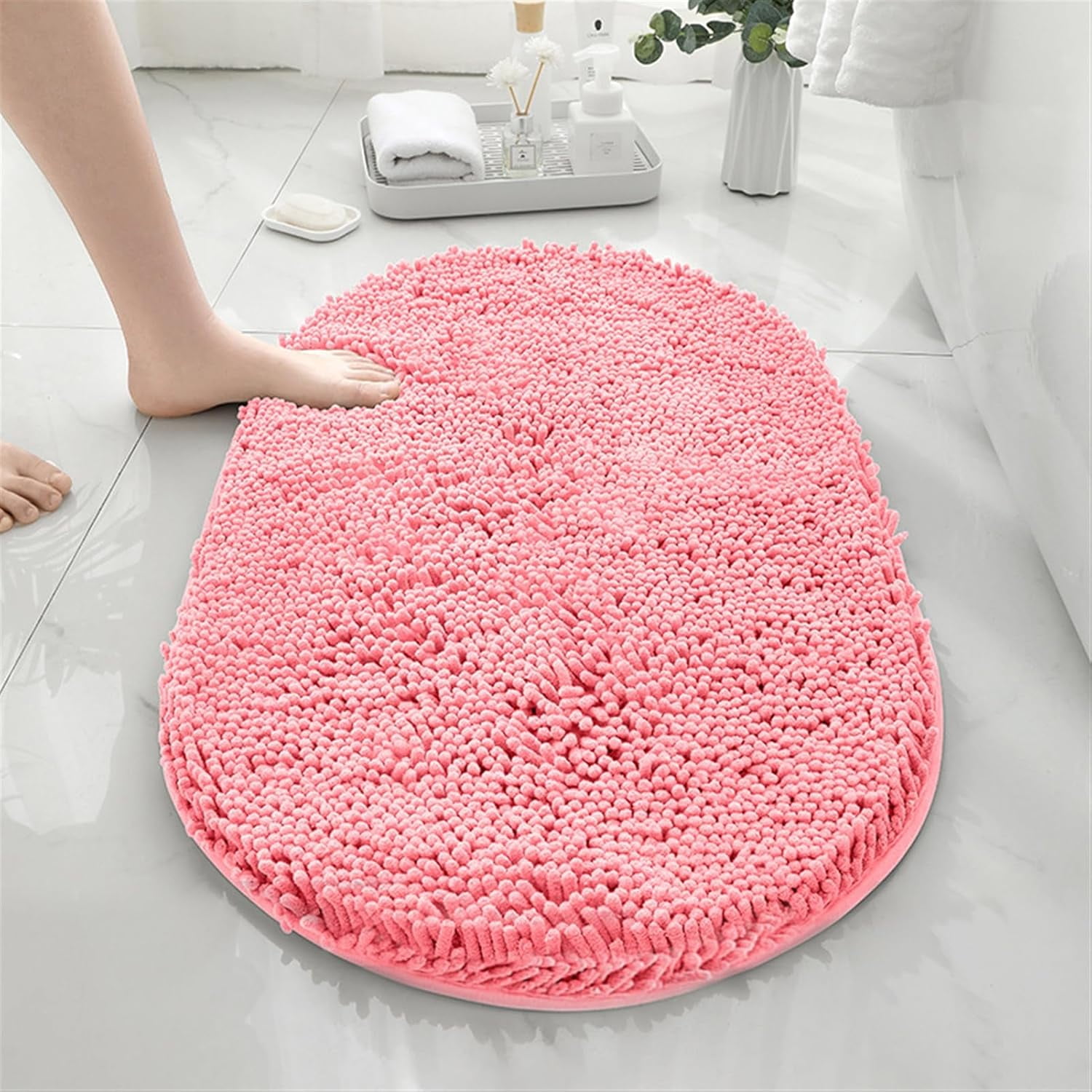 Chenille Oval Bathroom Rug, Non Slip Water Absorbent Bath Mat, Washable ...