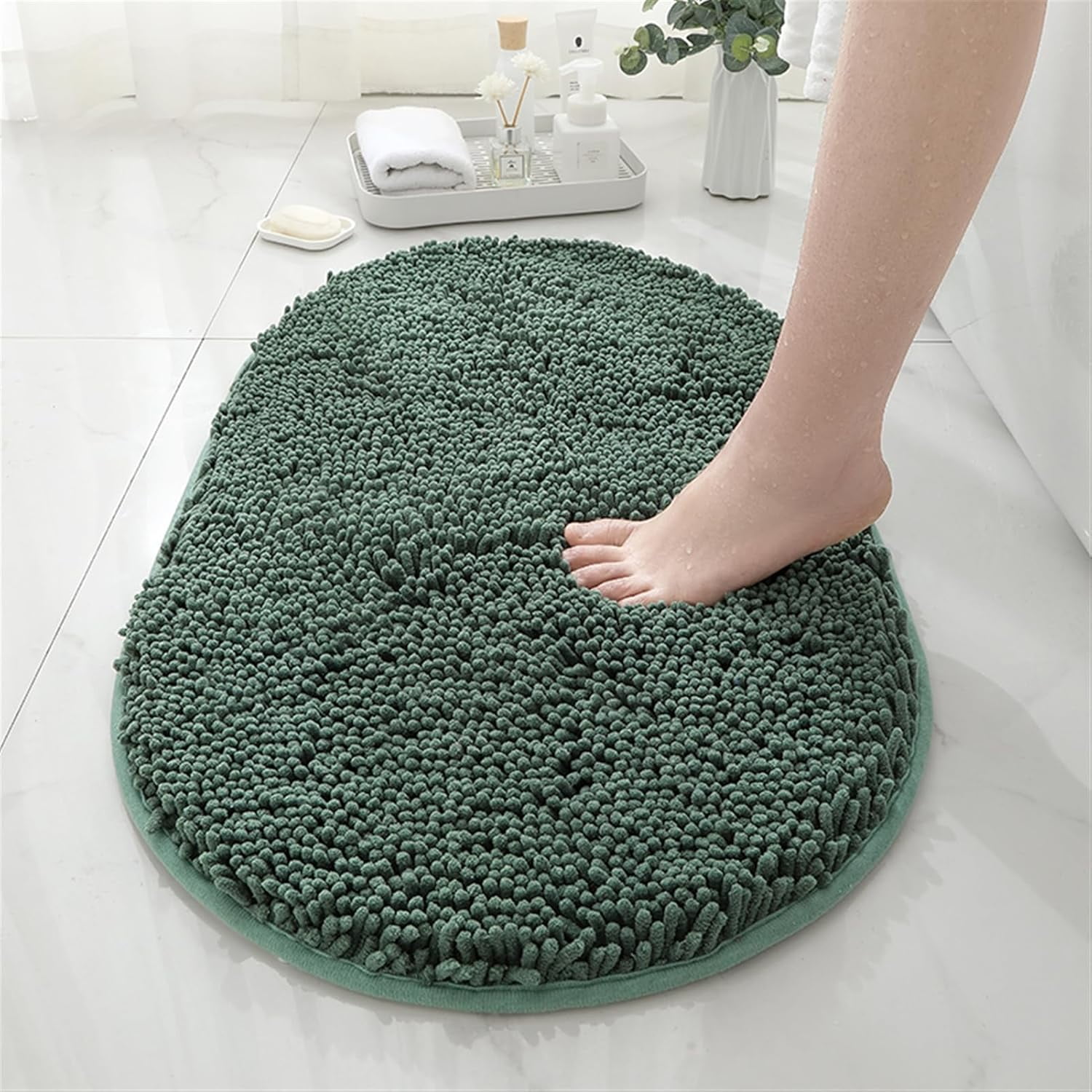 Chenille Oval Bathroom Rug, Non Slip Water Absorbent Bath Mat, Washable ...
