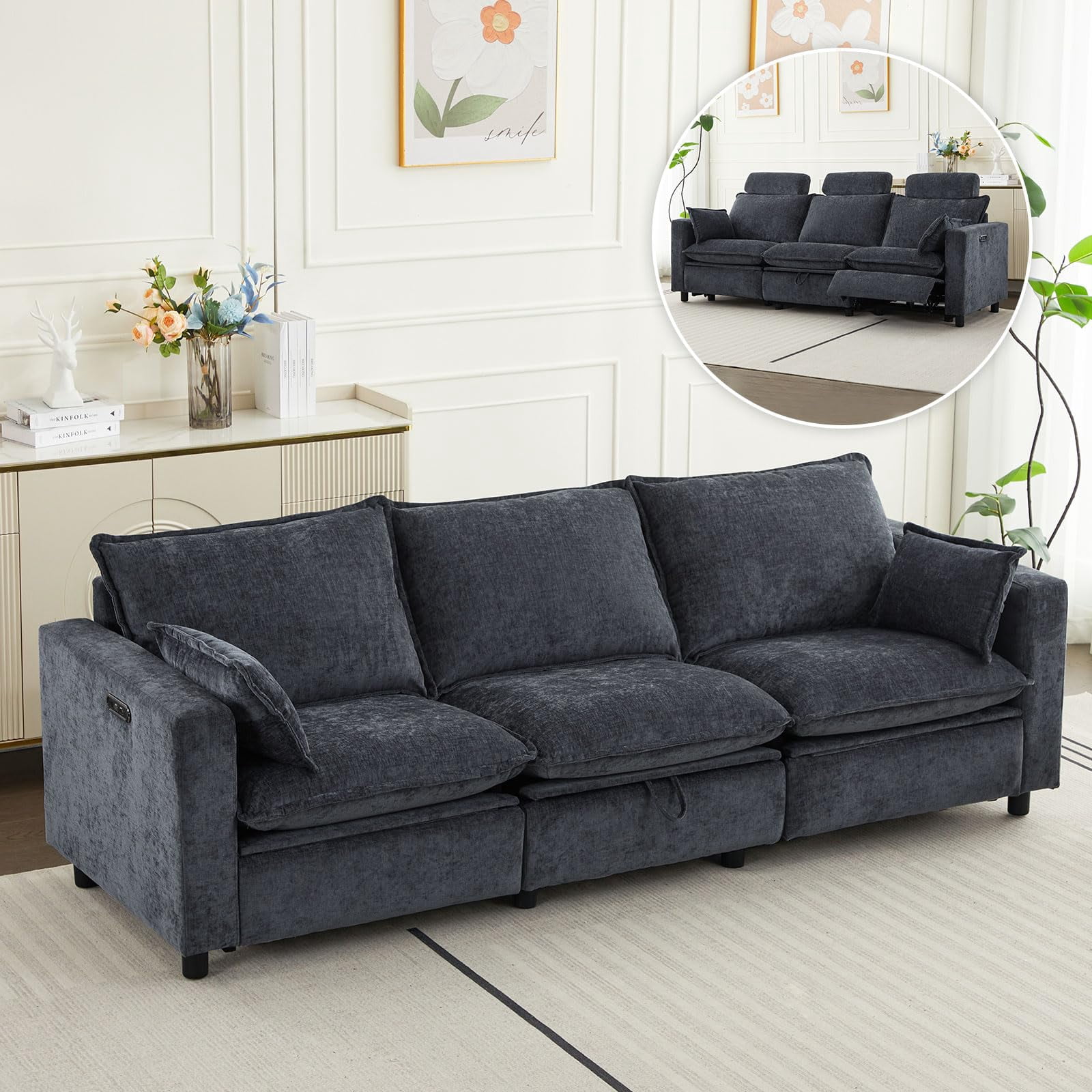 Chenille Power Reclining Sofa with Storage Seat, Adjustable Headrest ...