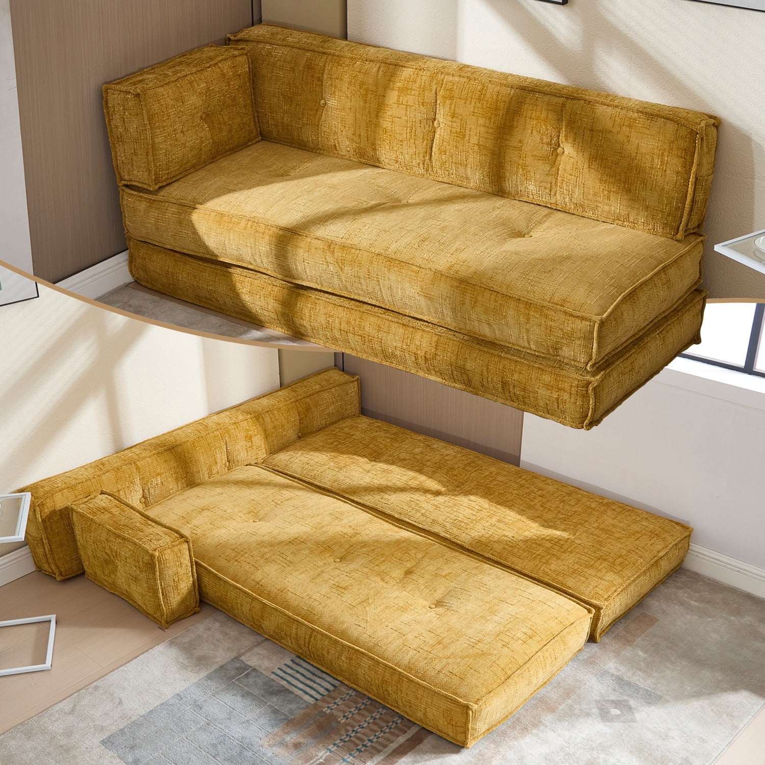 Chenille Queen Size Convertible Futon Sofa Bed, Sectional Floor Couch ...