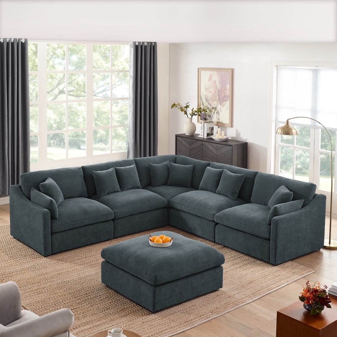 Chenille Sectional Couch with 10 Pillows & Ottoman, 6-Seat L-Shaped ...