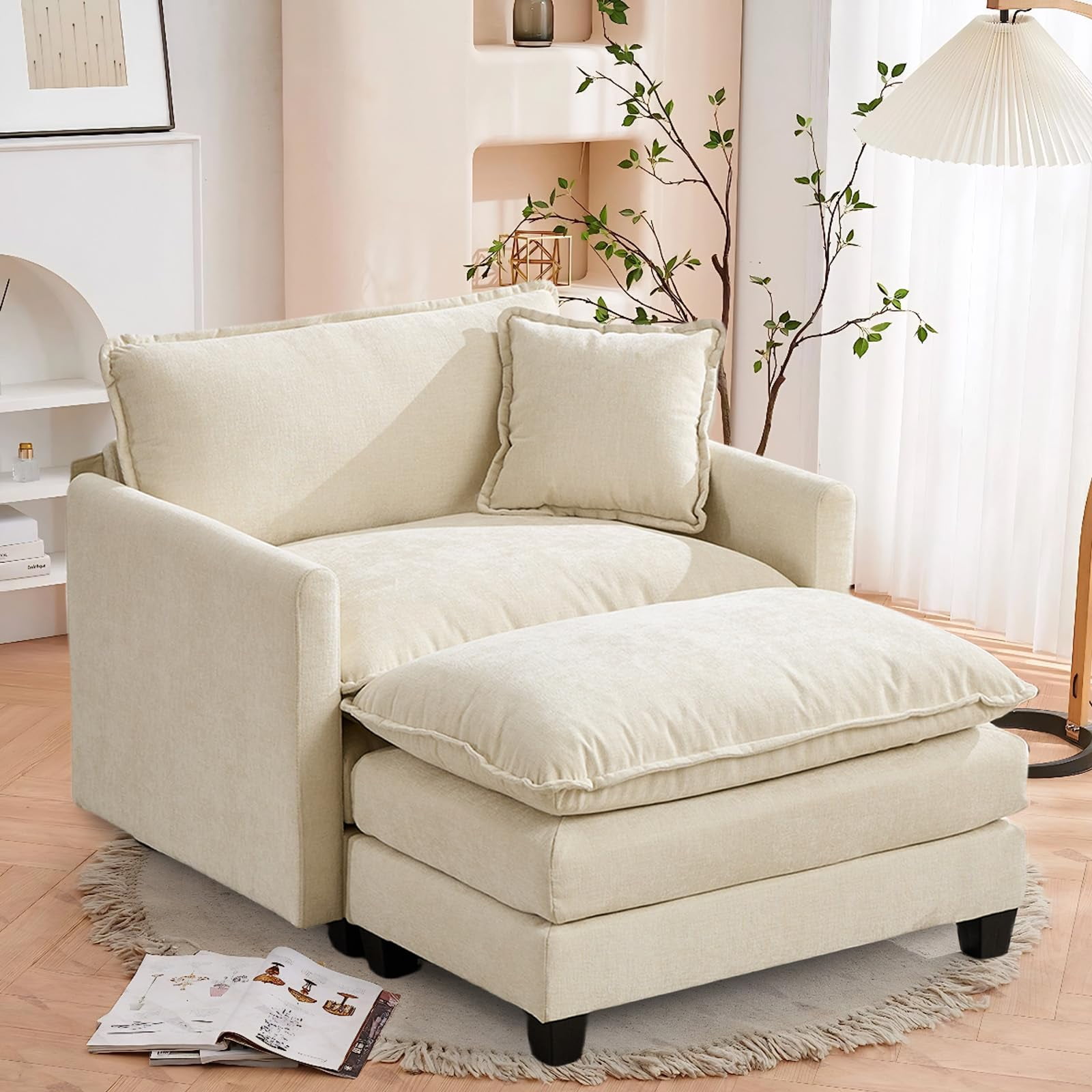 Chenille Sectional Sofa, Comfy Modular Single Sofa with Ottoman, Modern ...