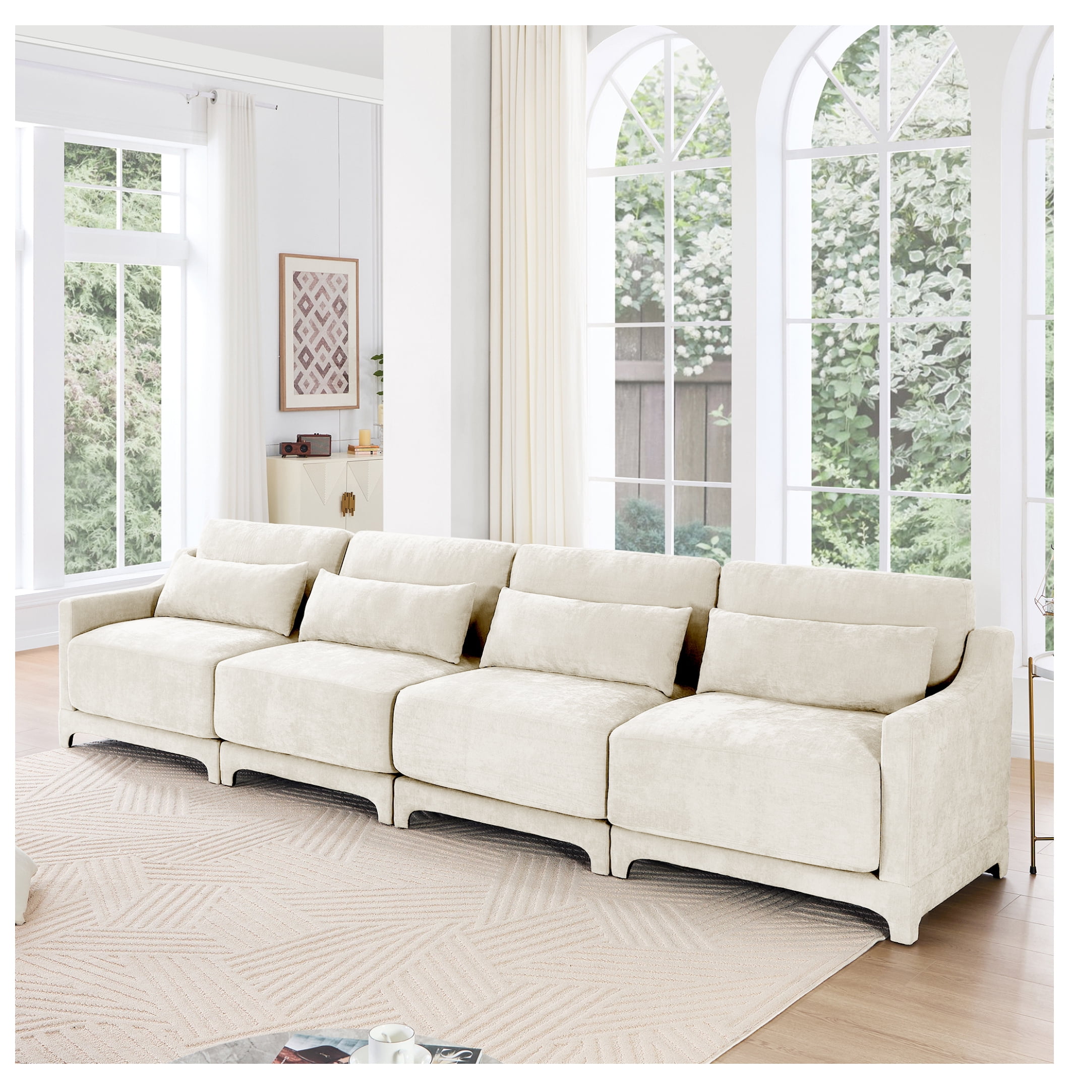 Chenille Sofa, 4-Seater with Lumbar Pillows, Ergonomic Living Room ...