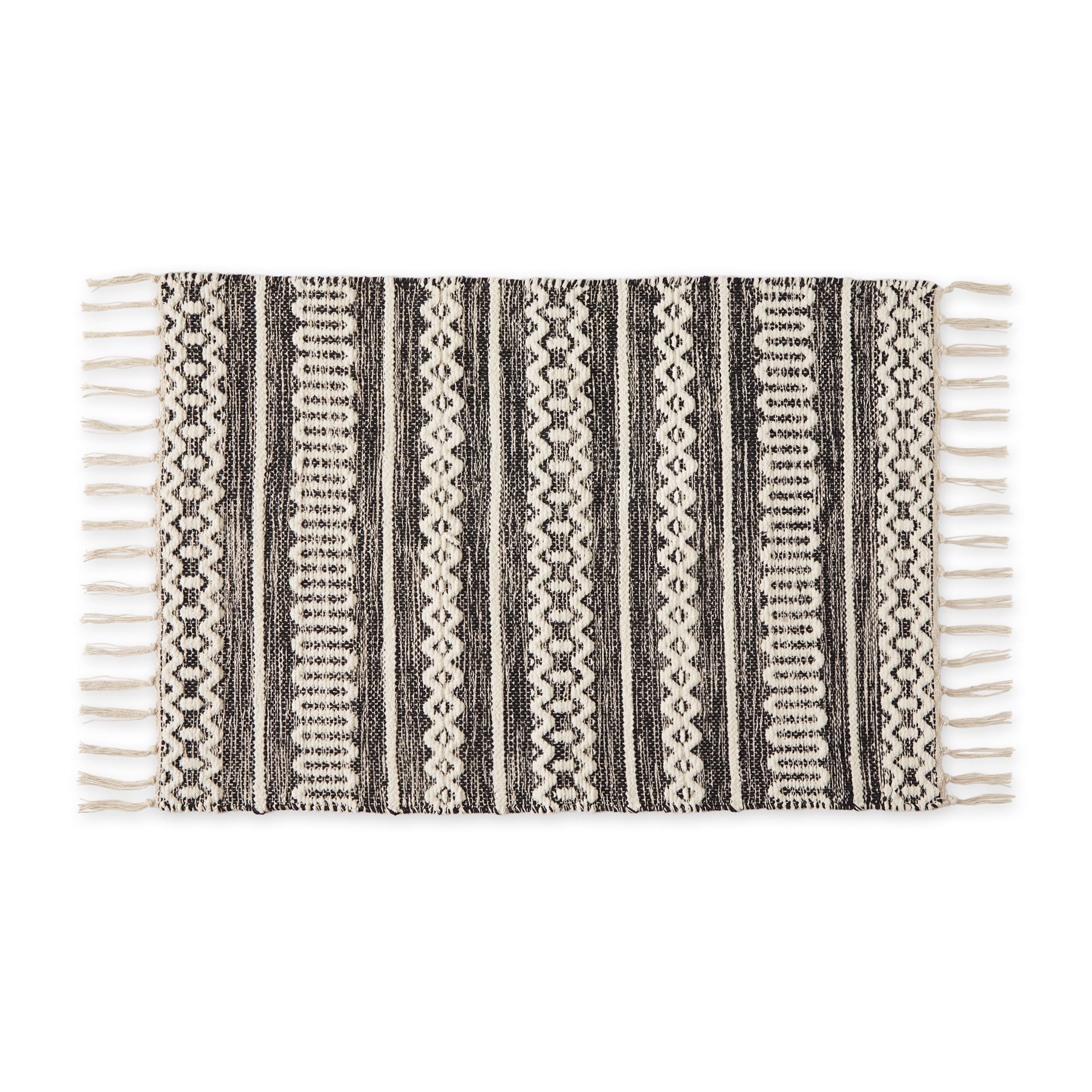 Chenille Stripe Black Printed Hand-Loomed Cotton Shag Rug 2x3 Ft ...