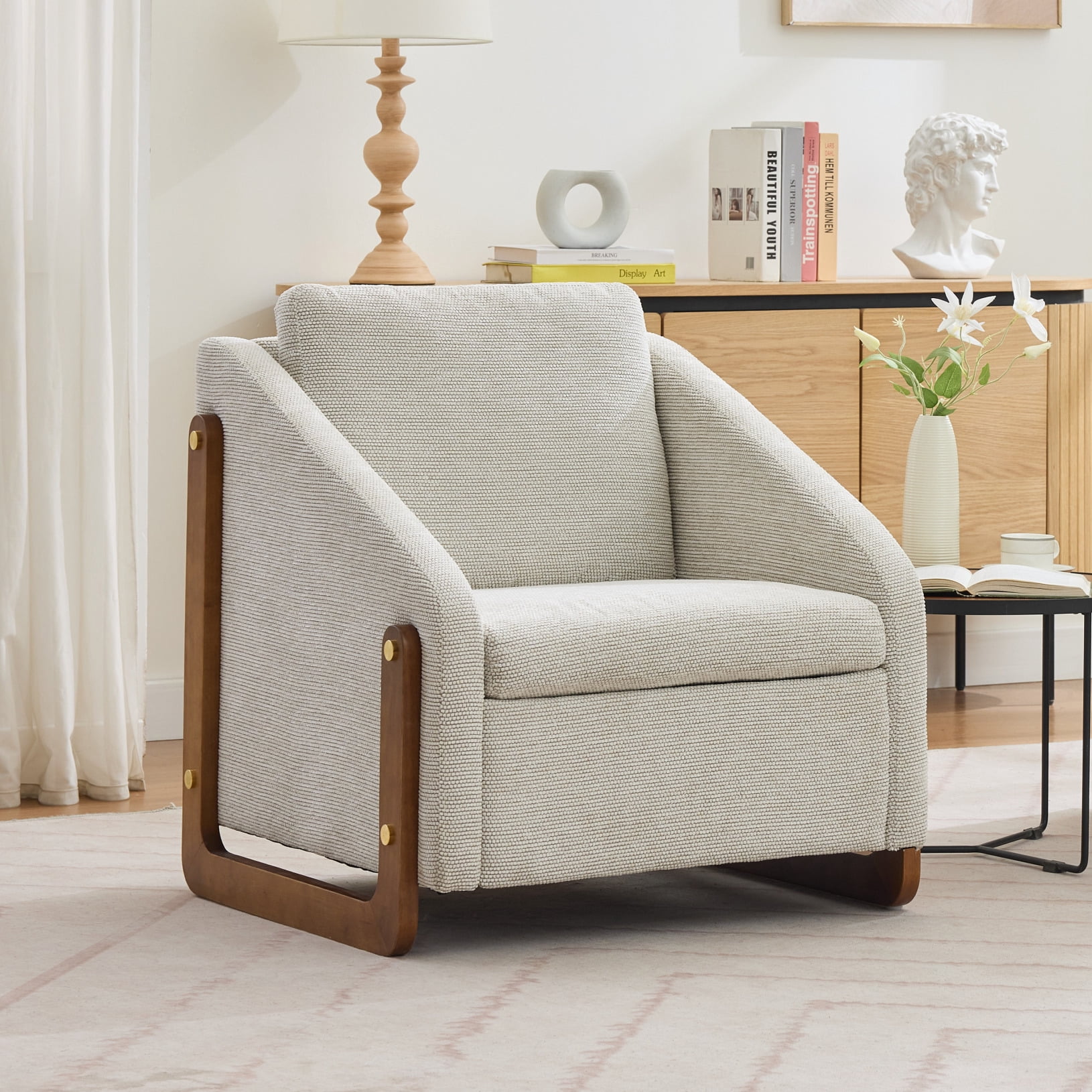 Chenille Upholstered Accent Chair with Wooden Side Frame, Comfy Sitting ...