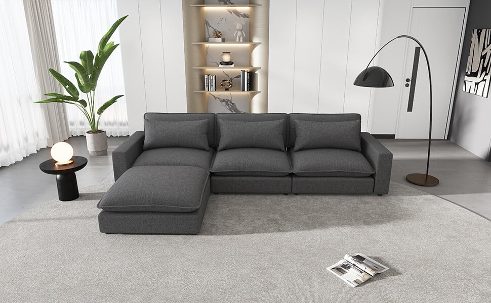 Chenille Upholstered Cloud Couch,Sectional Couch with Movable Ottoman ...