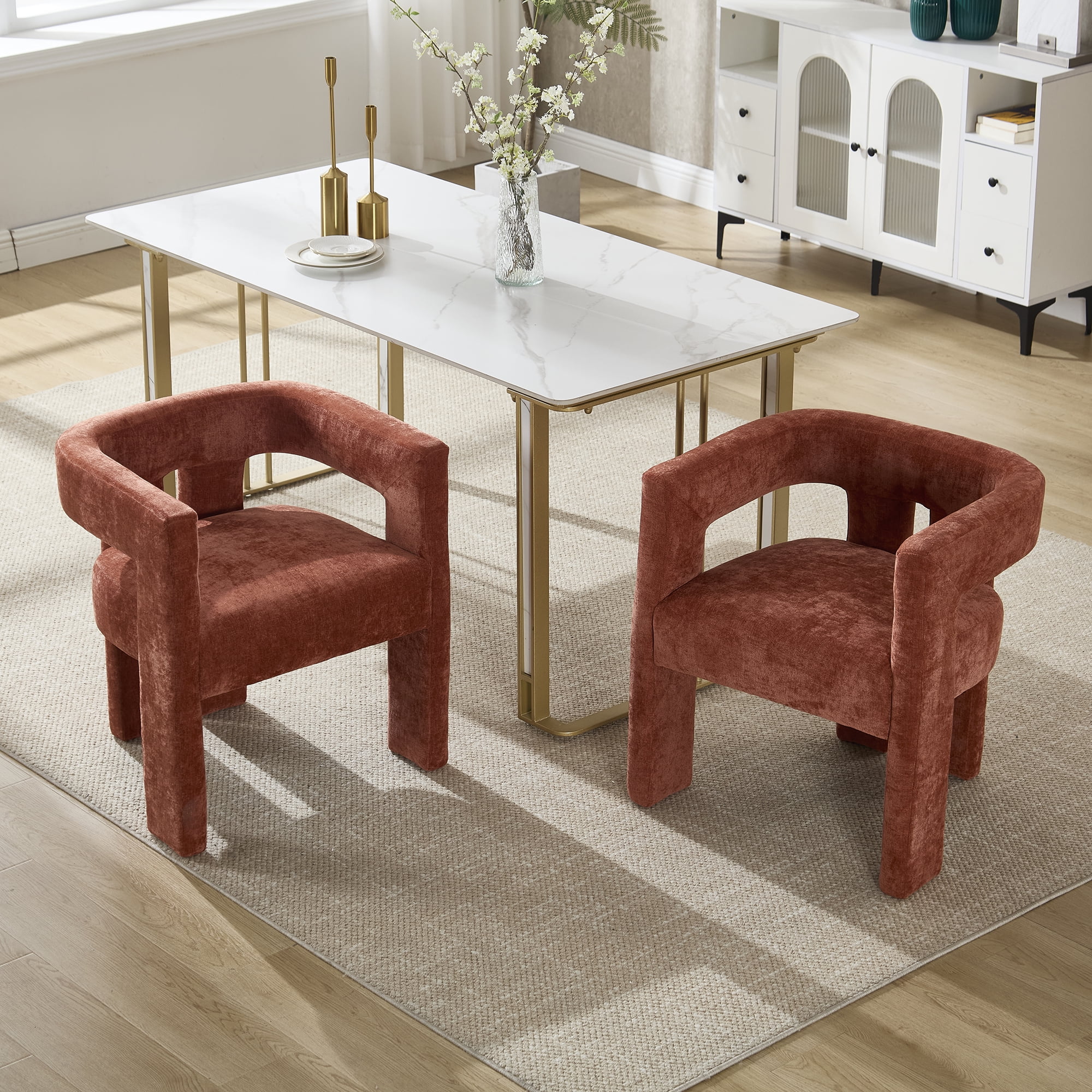 Chenille Upholstered Dinning Chairs Set of 2, Modern Accent Chair with Wood Frame, Barrel Side ...