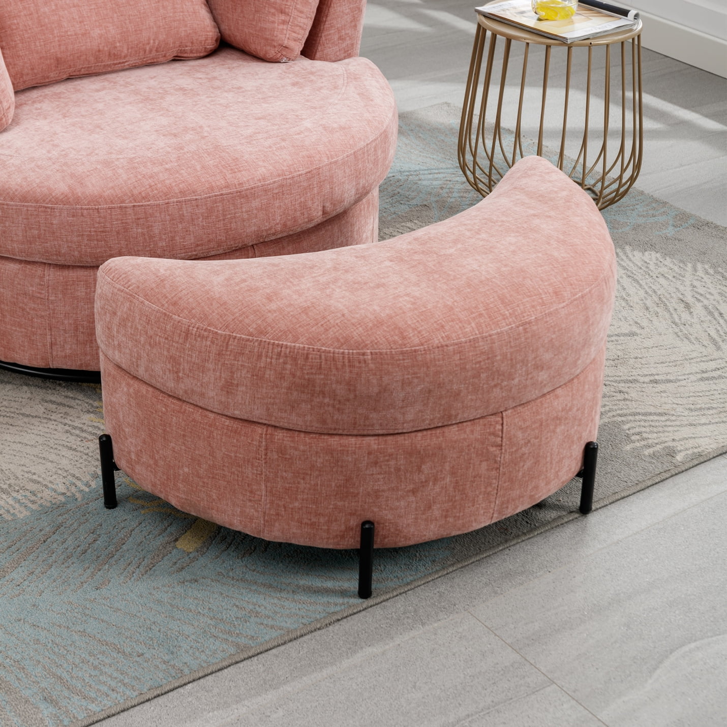 Chenille Upholstered Half Crescent Moon Storage Ottoman with Tray ...