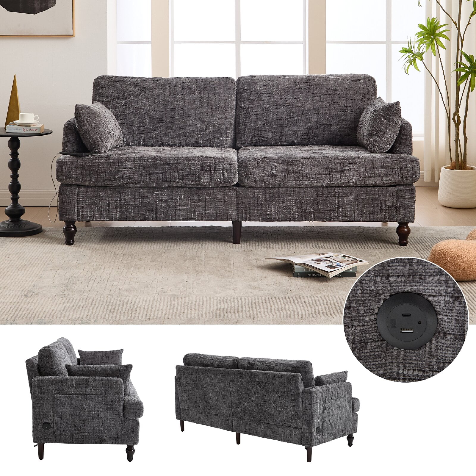 Chenille Upholstered Loveseat Sofa Couch with Charging Station and LED ...