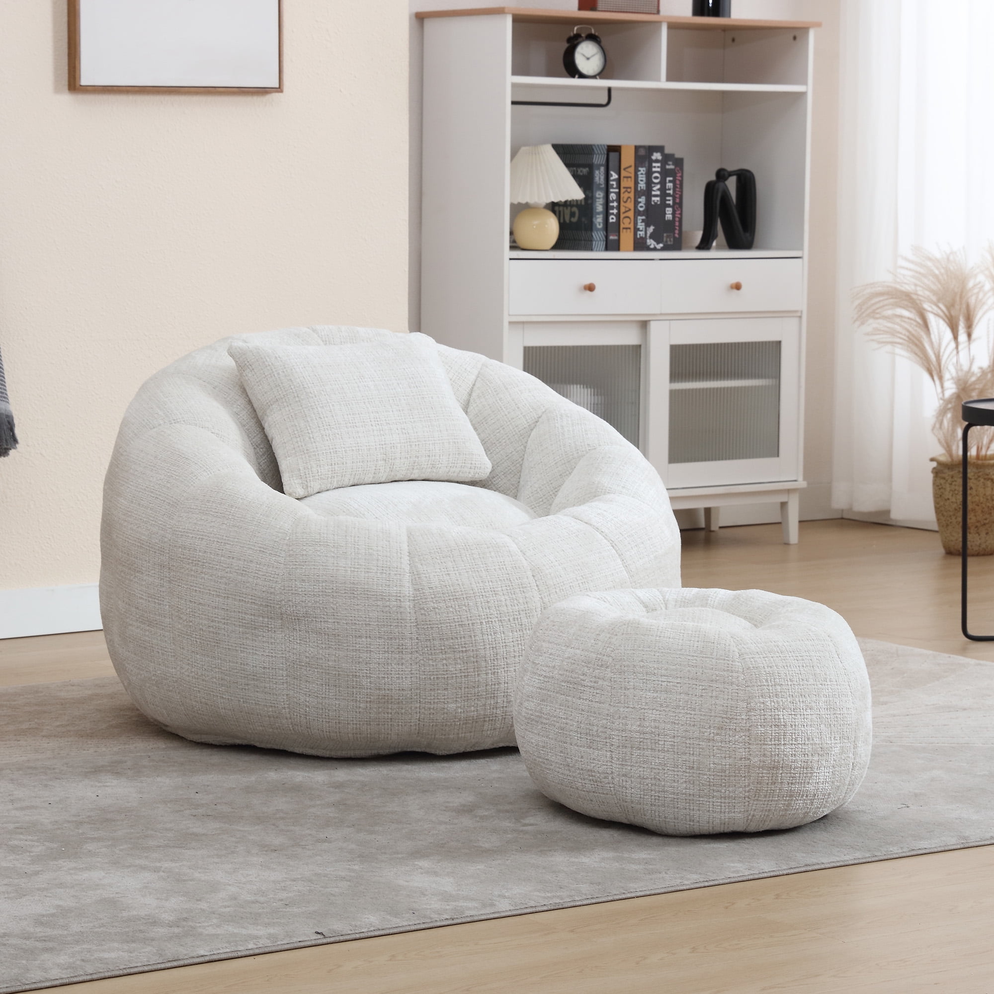 Chenille Upholstered Round Lazy Cozy Bean Bag Chair with Ottoman-Beige ...