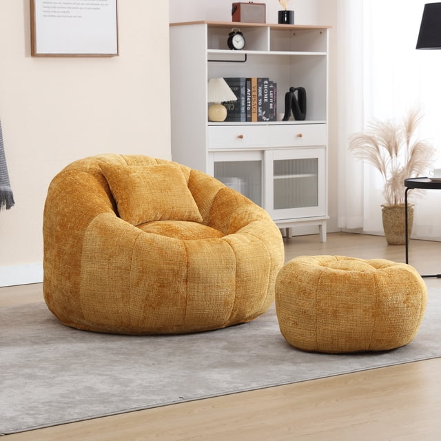 Chenille Upholstered Round Lazy Cozy Bean Bag Chair with Ottoman-Yellow ...