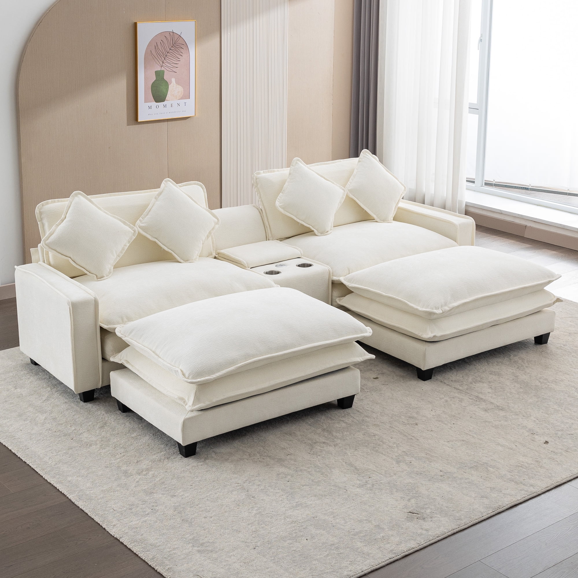 Chenille Upholstered Sofa, Multifunctional Sectional Sofa with Two ...