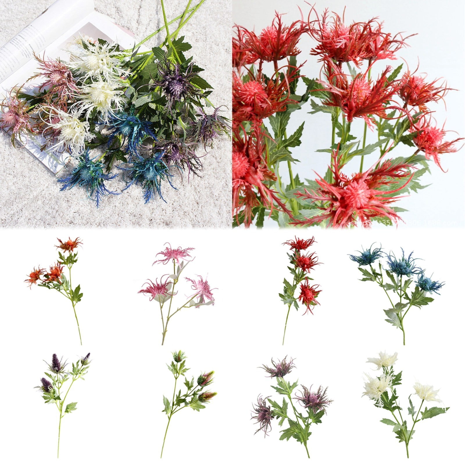 Chenjy Artificial Thistle Flowers, Faux Plant Spray Eryngium Branches ...