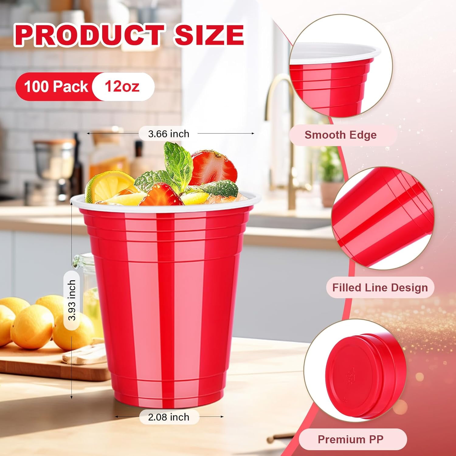 Chenran-100 Pack 12oz Red Plastic Cups for Party, Red Disposable ...