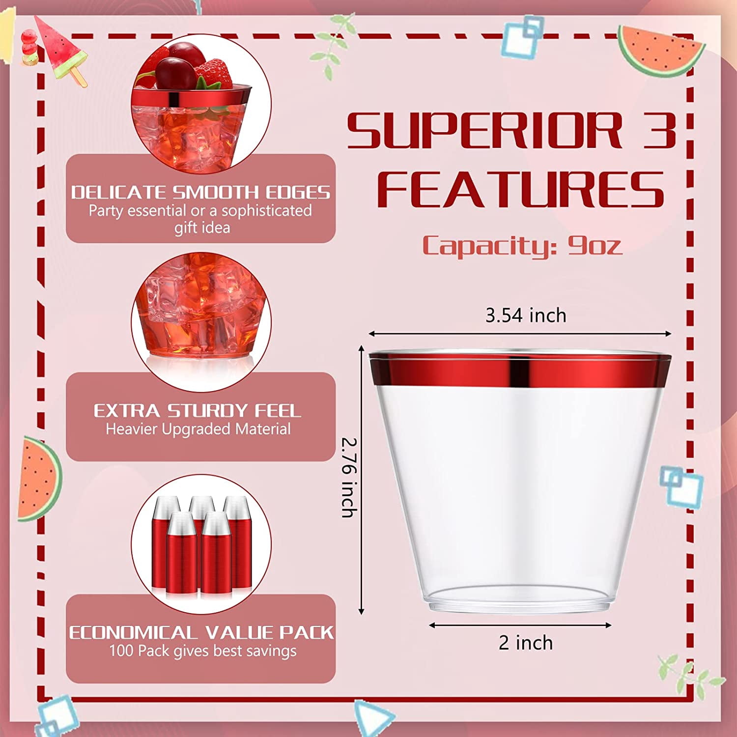 Chenran-100 Pcs 9oz Rimmed Plastic Cups Christmas Clear Cocktail Cups ...