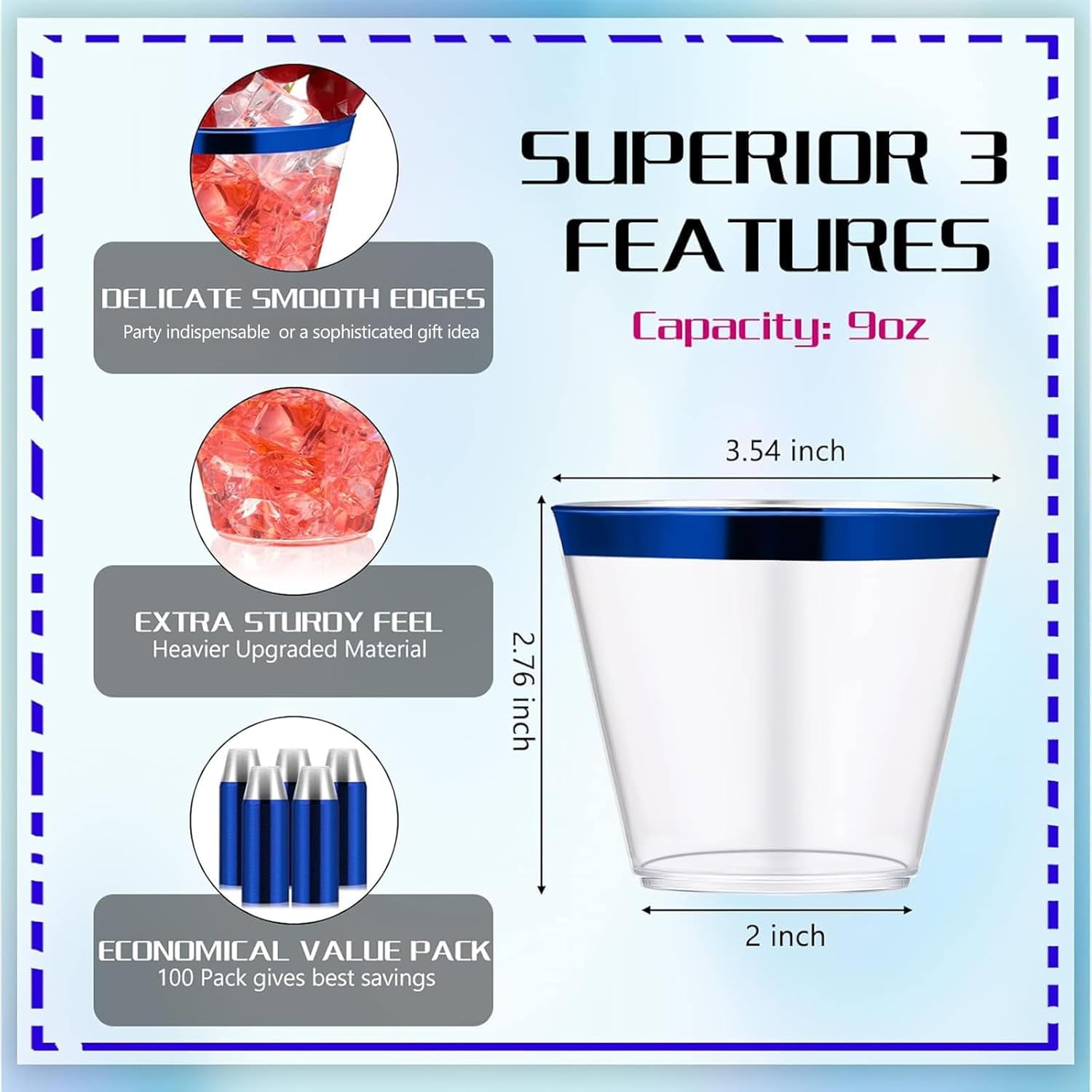 Chenran-100 Pcs 9oz Rimmed Plastic Cups Wedding Clear Cocktail Cups ...