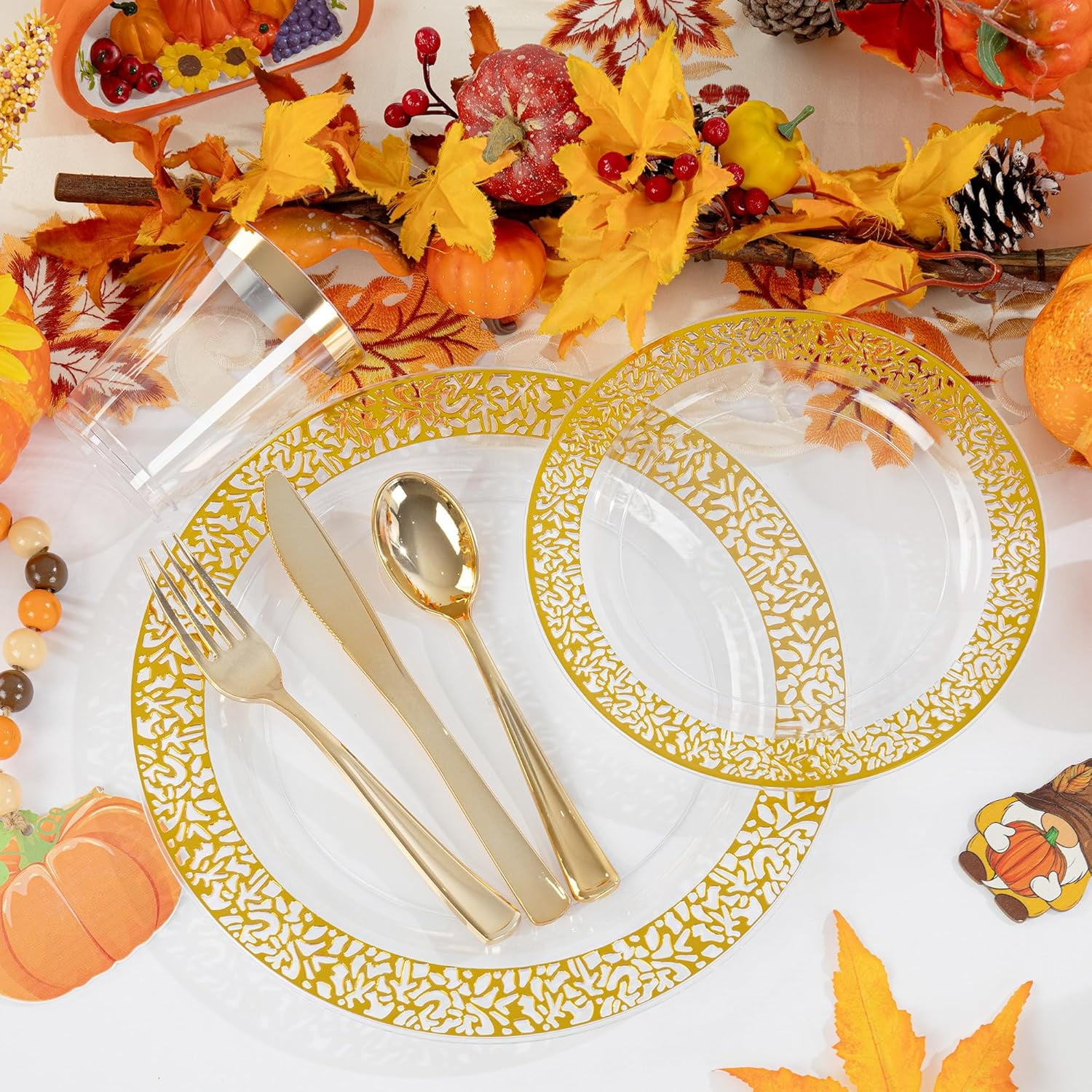 Chenran-150Pcs Gold Plastic Plates,Clear Gold Plastic Dinnerware Set ...